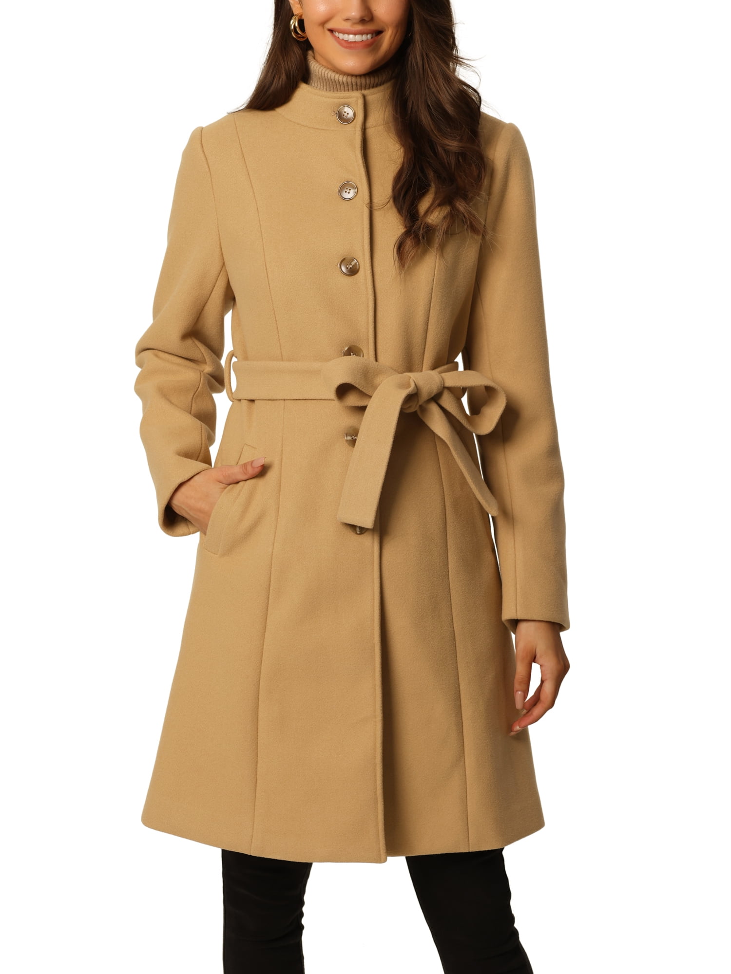 Seta T Womens Fall Winter Button Front Mock Neck Woolen Coat, Belted ...