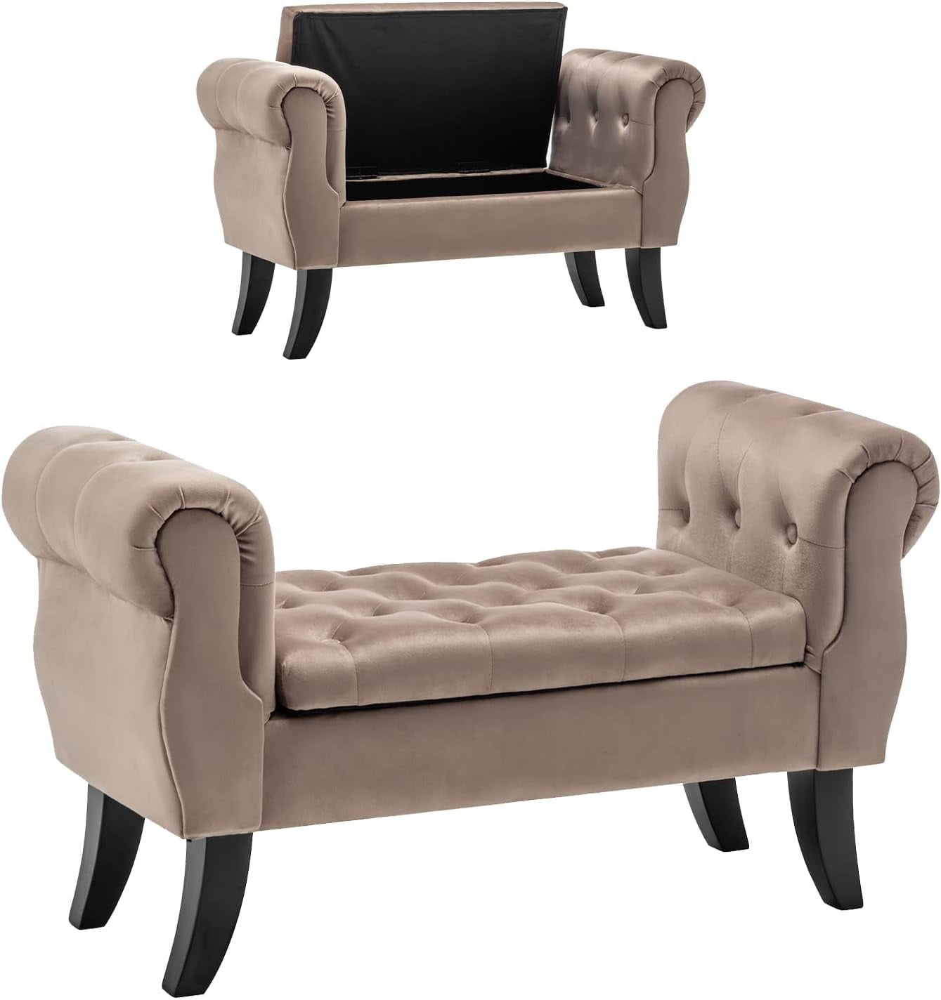 Setawix Rolled Arm Bed Bench with Storage Velvet Cushioned Bedroom ...