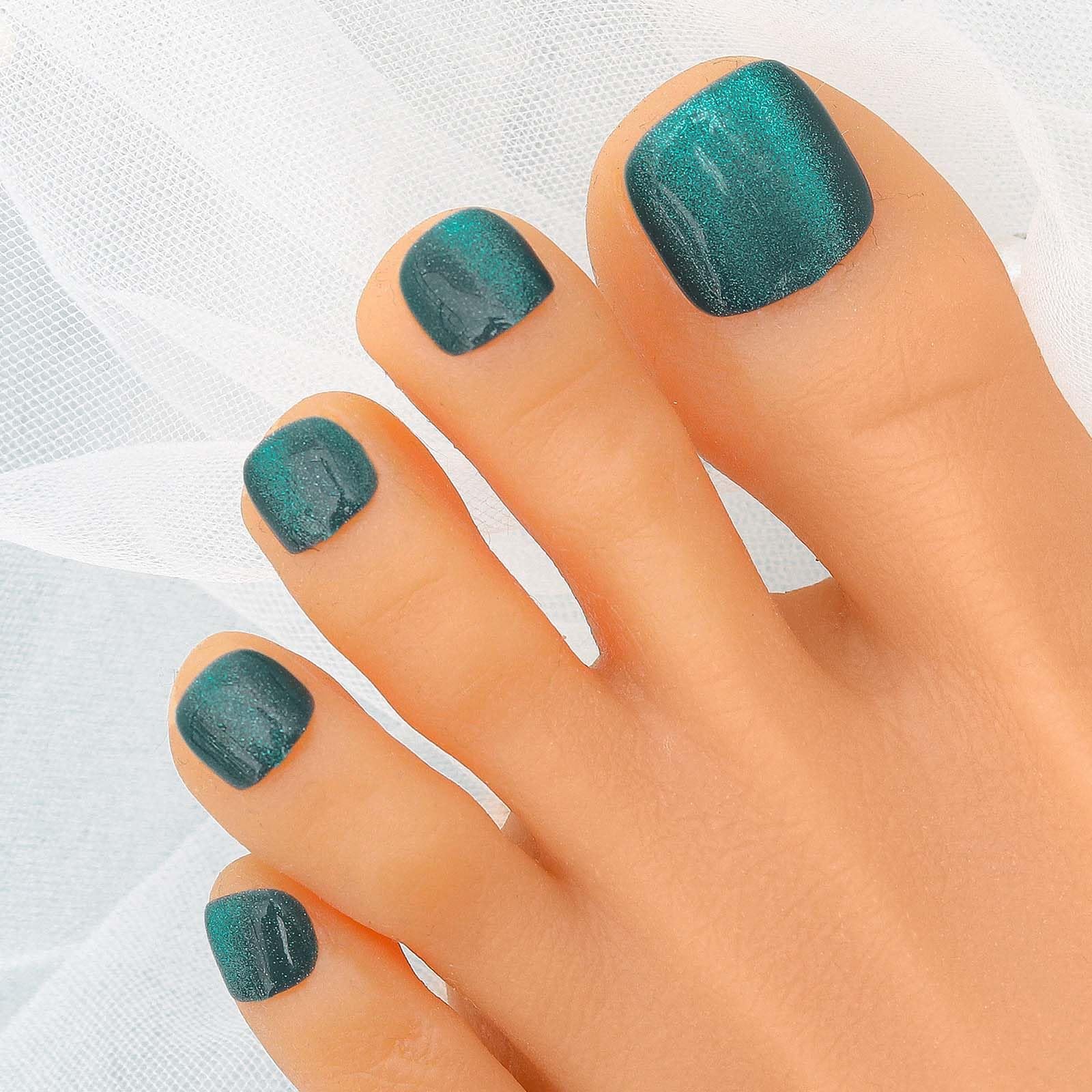 Sethexy Blue Cat Eye False Toe Nails Glossy Bright Fashion Square Short ...