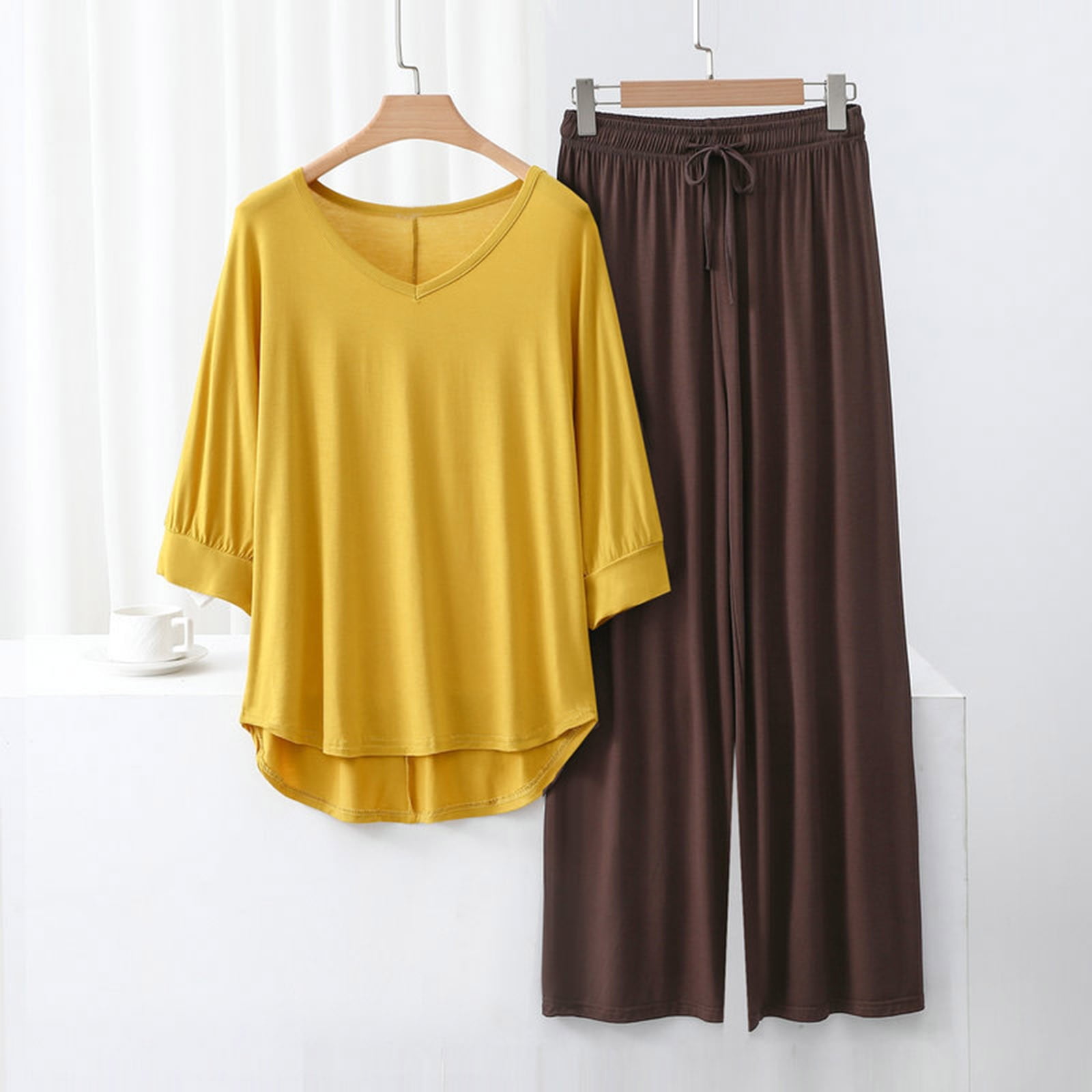 Sets For Women 3/4 Length Sleeve V Neck Summer Tops Elastic Waist Wide ...