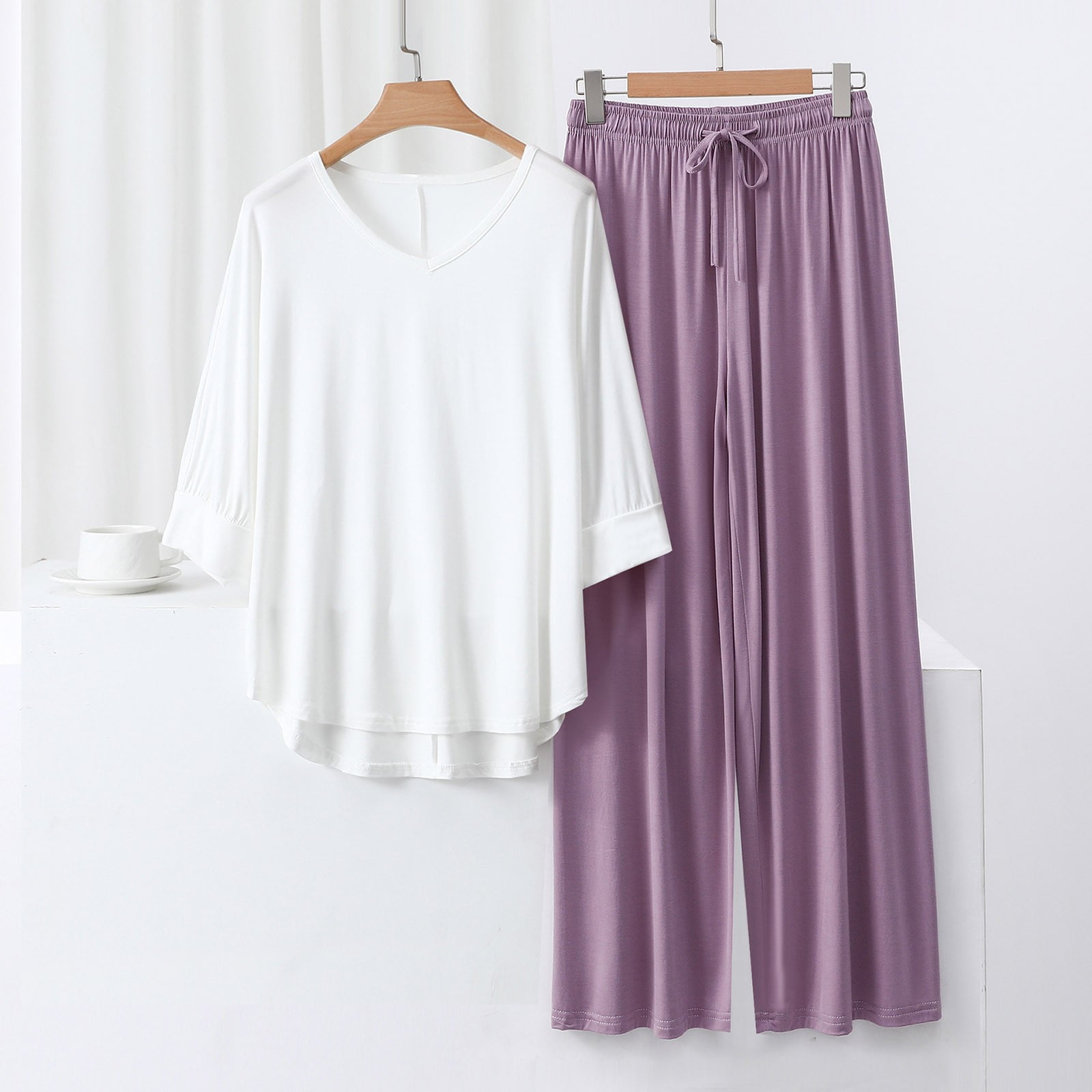 Sets For Women 3/4 Length Sleeve V Neck Summer Tops Elastic Waist Wide ...