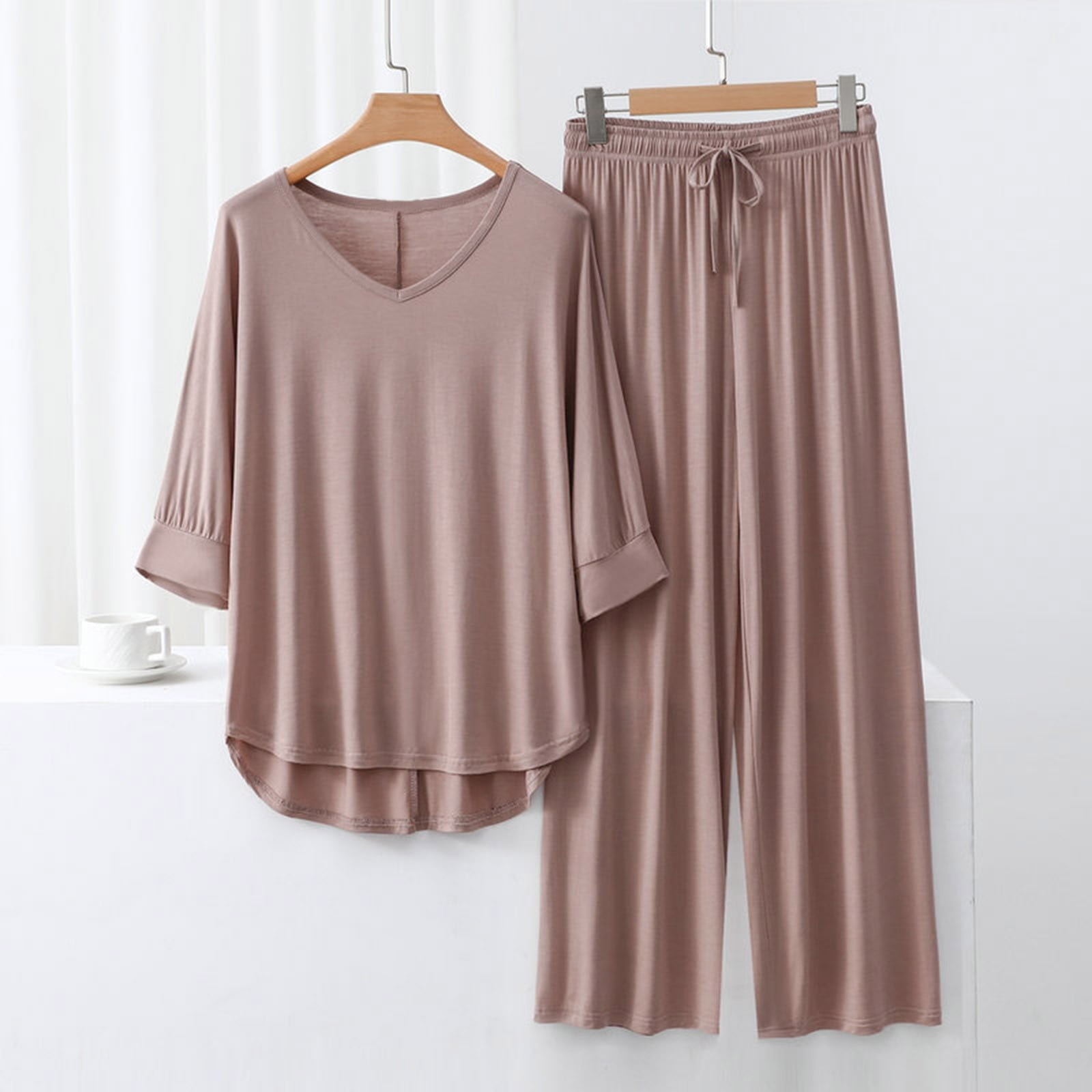 Sets For Women 3/4 Length Sleeve V Neck Summer Tops Elastic Waist Wide ...