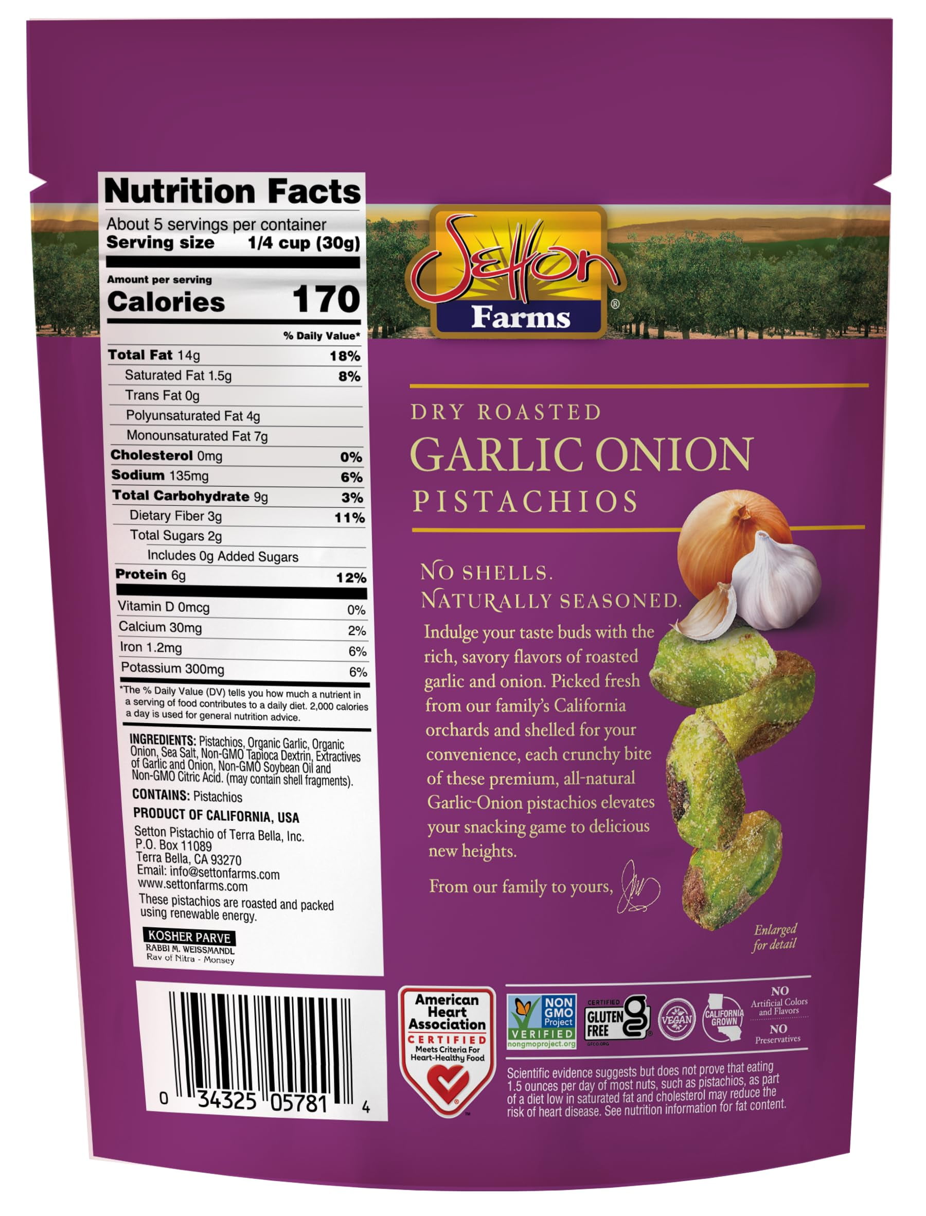 Setton Farms Naturally SCH4 Seasoned Pistachio Kernels, Garlic Onion ...