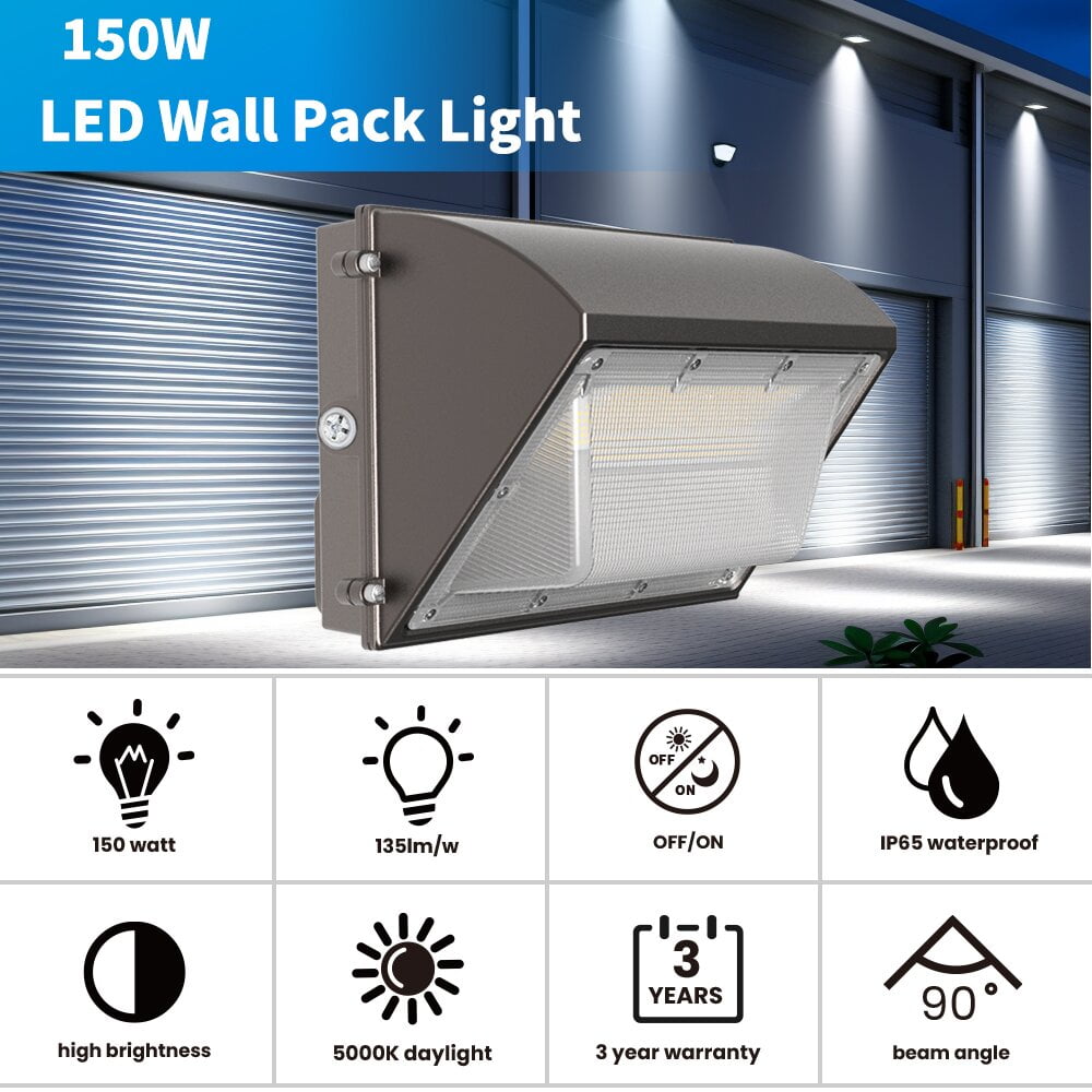 Seuron 150W LED Wall Pack Fixture, Dusk-to-Dawn Photocell, 5000K ...