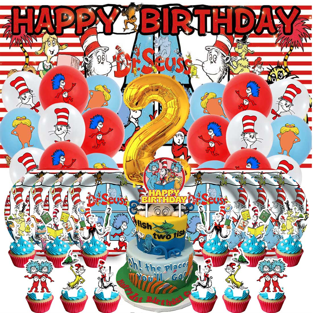 Seuss Balloons Party Supplies 2nd Decor Tableware Birthday Cake Topper ...