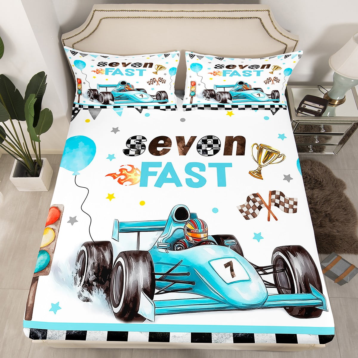 Seven Fast Birthday Decorations Fitted Sheet Happy 7Th Birthday Party ...