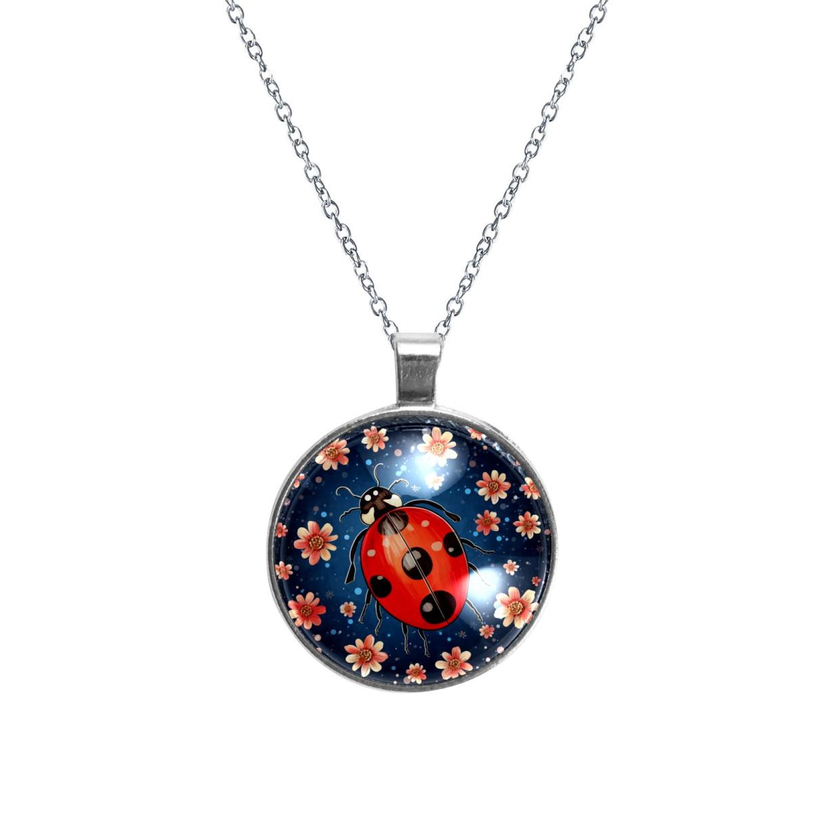 Seven Starred Ladybird Glass Design Circular Pendant Necklace - Elegant ...