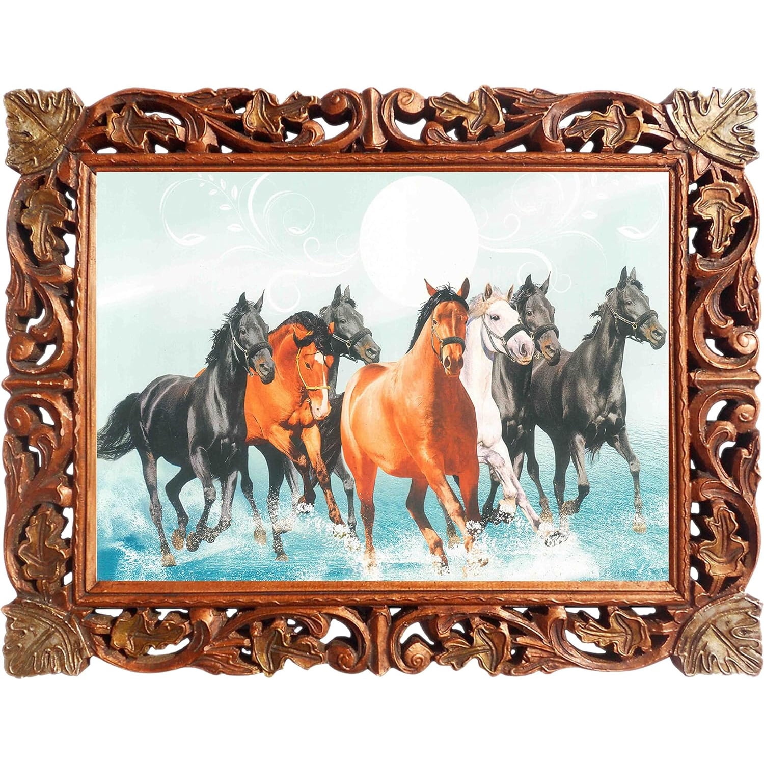 Seven running and galloping horses in water, poster print framed in ...