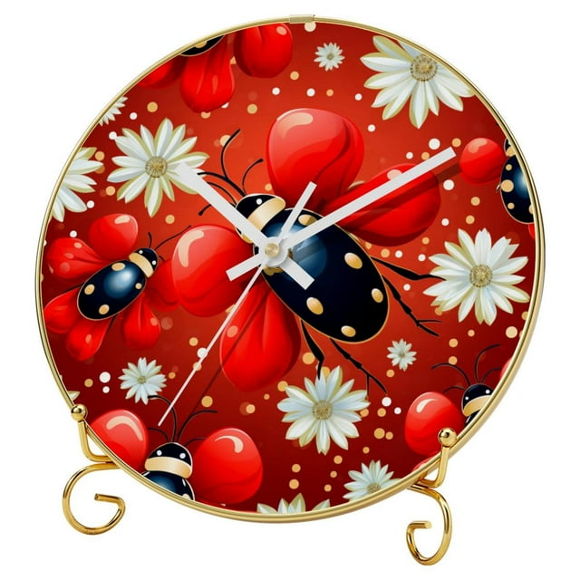 Seven-star ladybug Round Wall Clock with Printed Design, Hooks, Gold ...