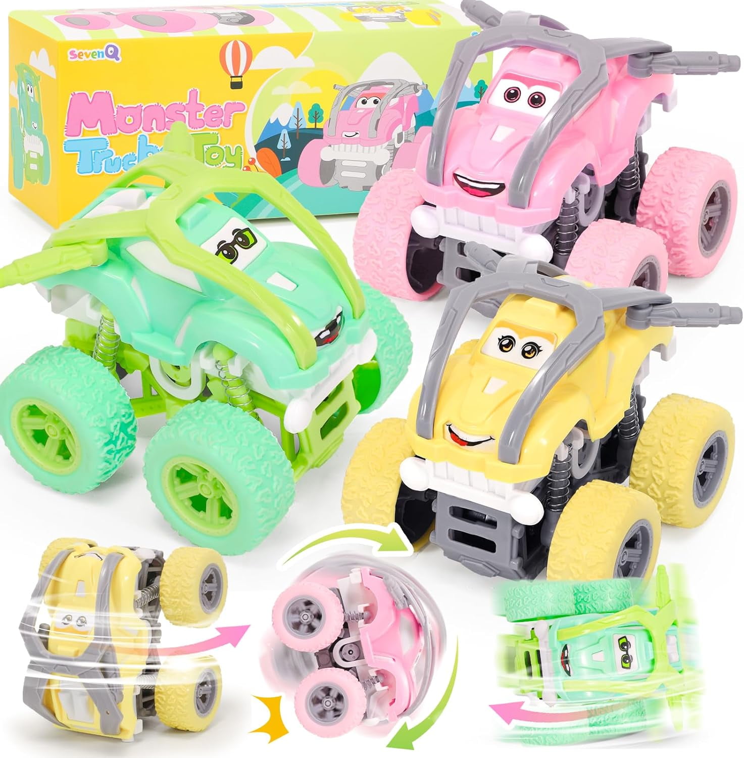 SevenQ Monster Truck Toys Cars for Kids, 3 Pcs Toy Trucks Vehicles Flip ...