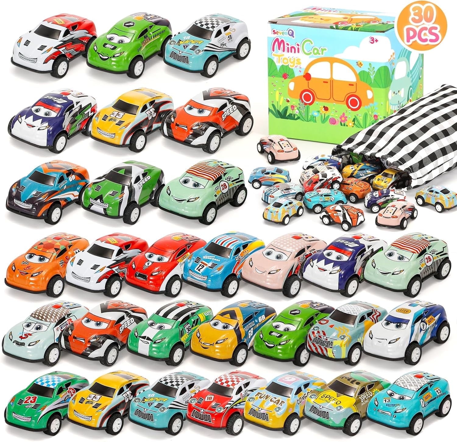 SevenQ 30Pcs Mini Pull Back Cars for Kids Ages 4-8 with Storage Bag ...