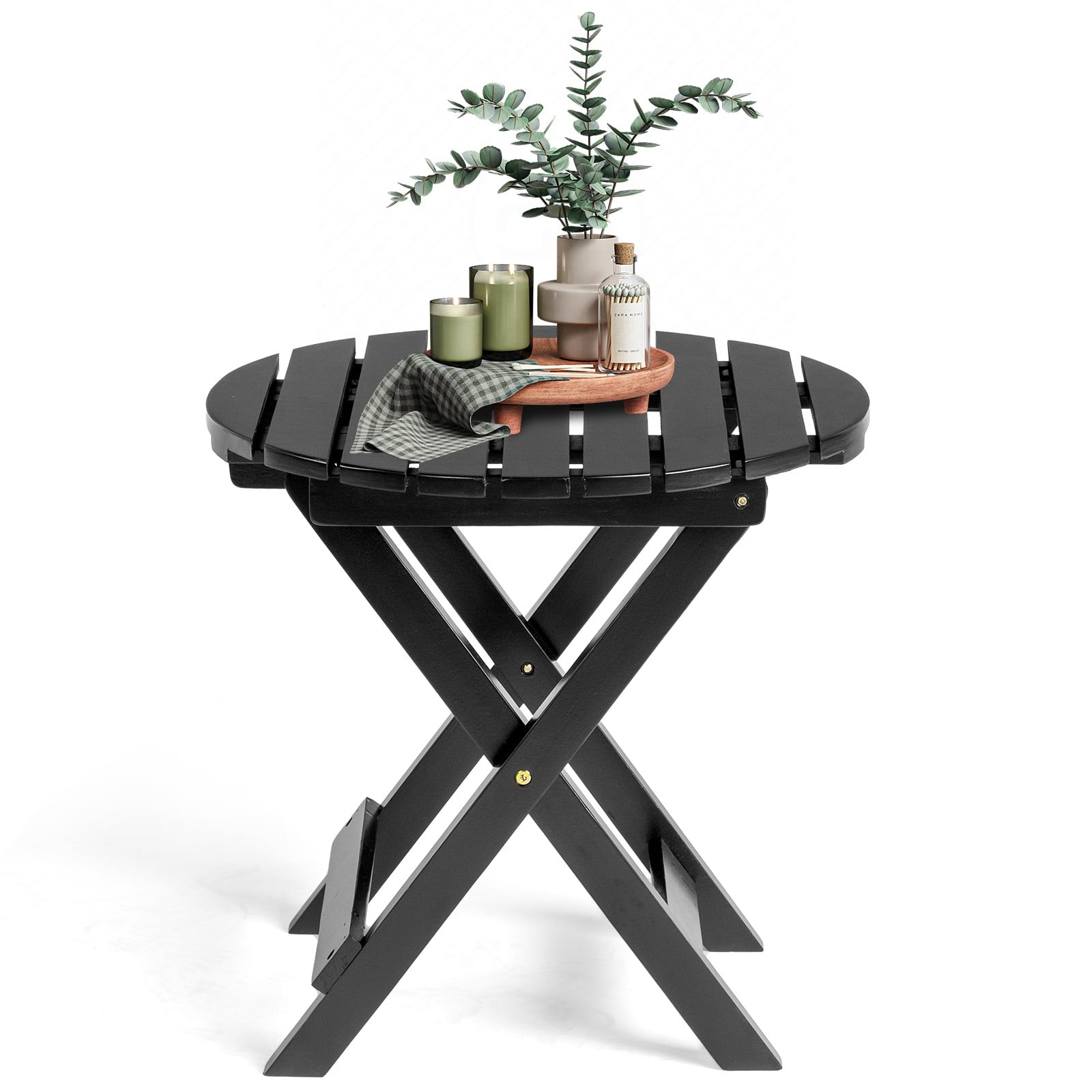 SevenThree 18in Round Wooden Folding Side Table, Solid Wood End Table ...