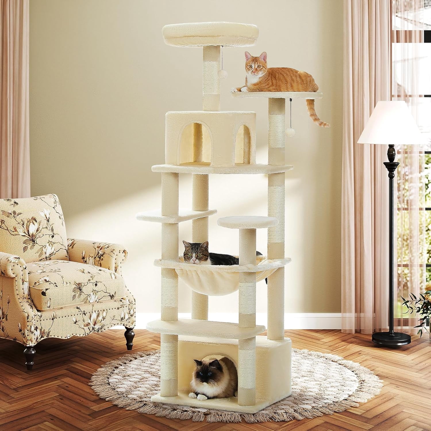 SevenThree 64.5-inch Cat Tree for Indoor Cats, Plush Multi-Level Cat ...