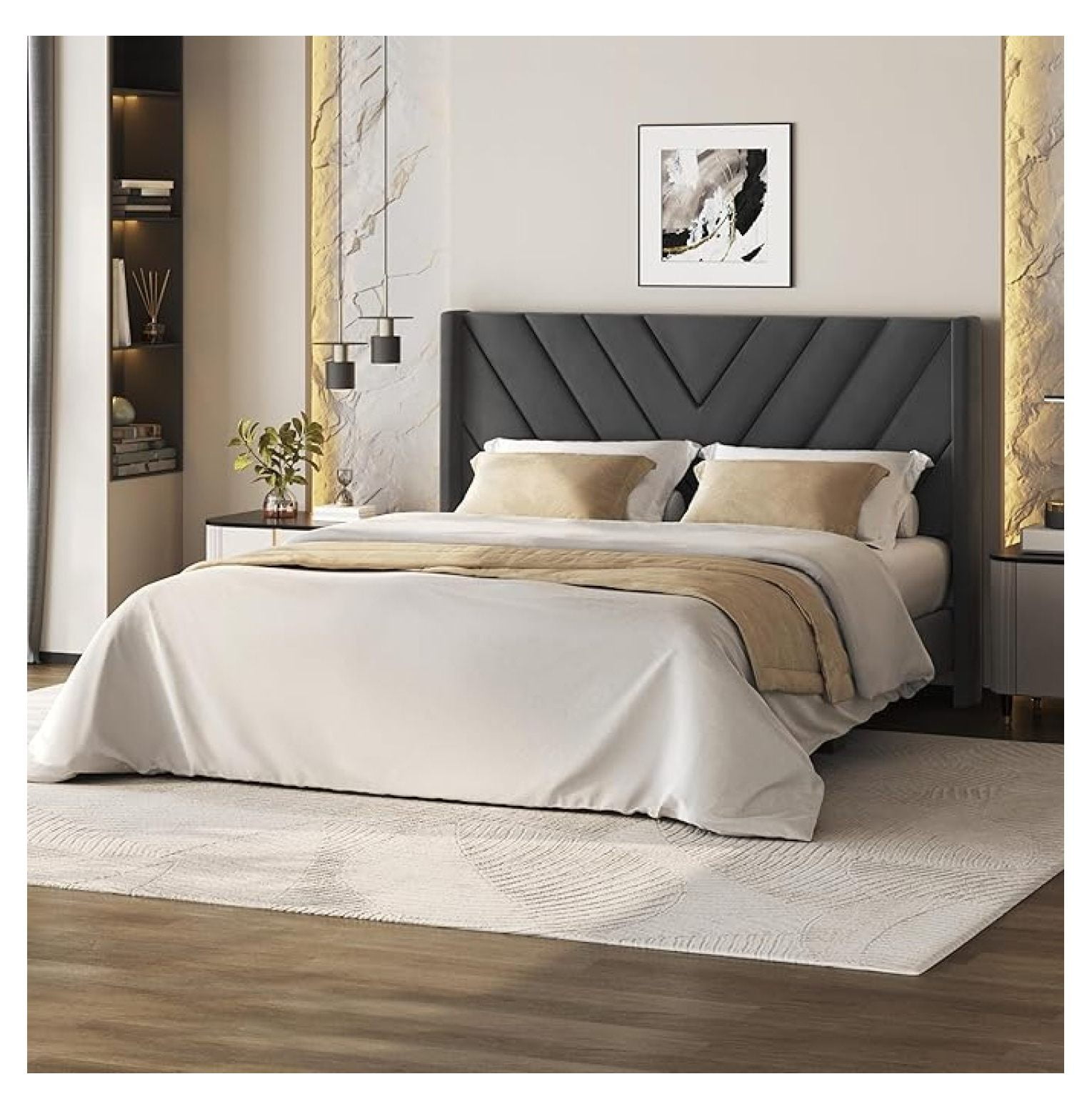 SevenThree Queen Bed Frame Upholstered Platform Bed with Wing Side ...