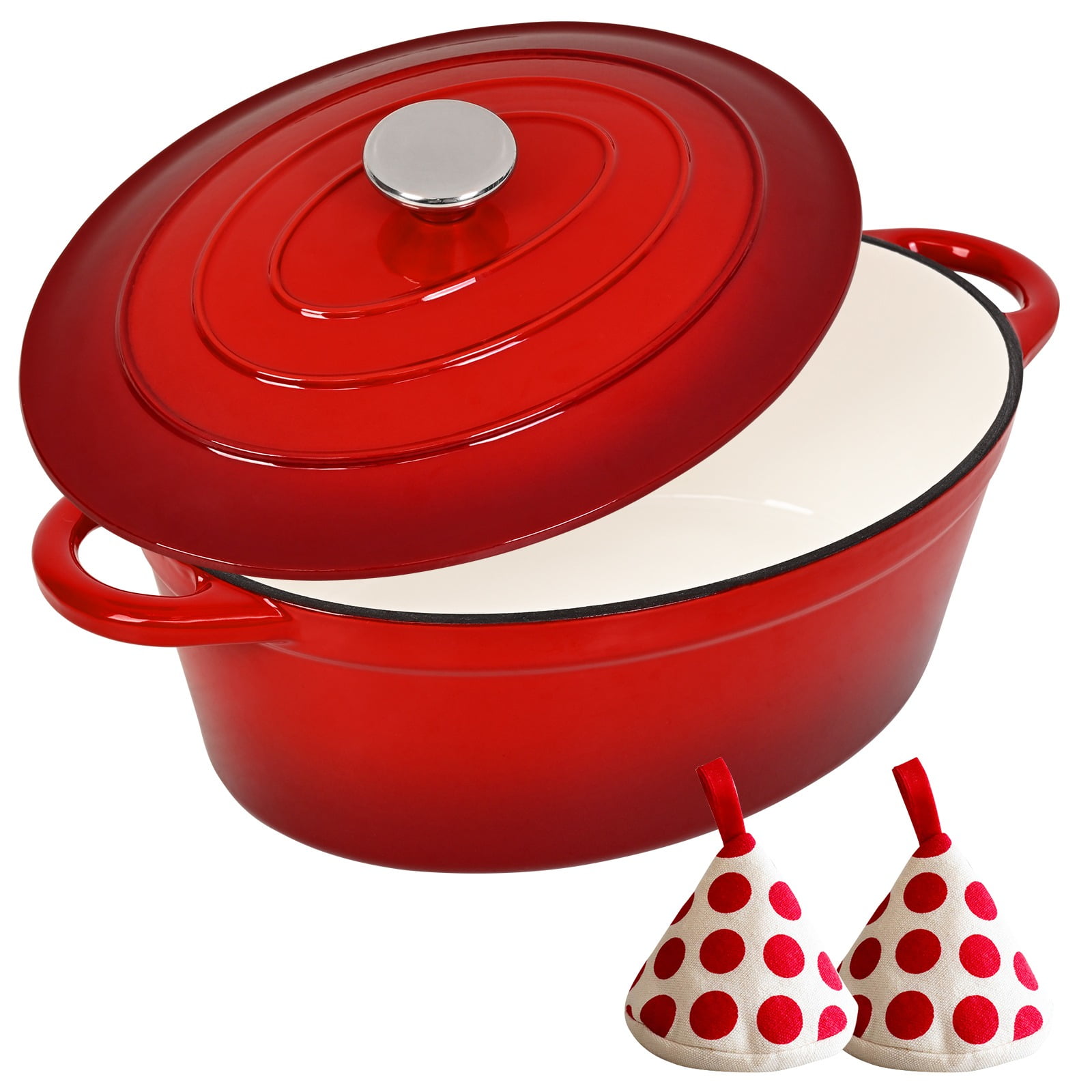 Sevenstars 4.5 Quart Enameled Pot with Lid, Red Cast Iron Dutch Oven ...
