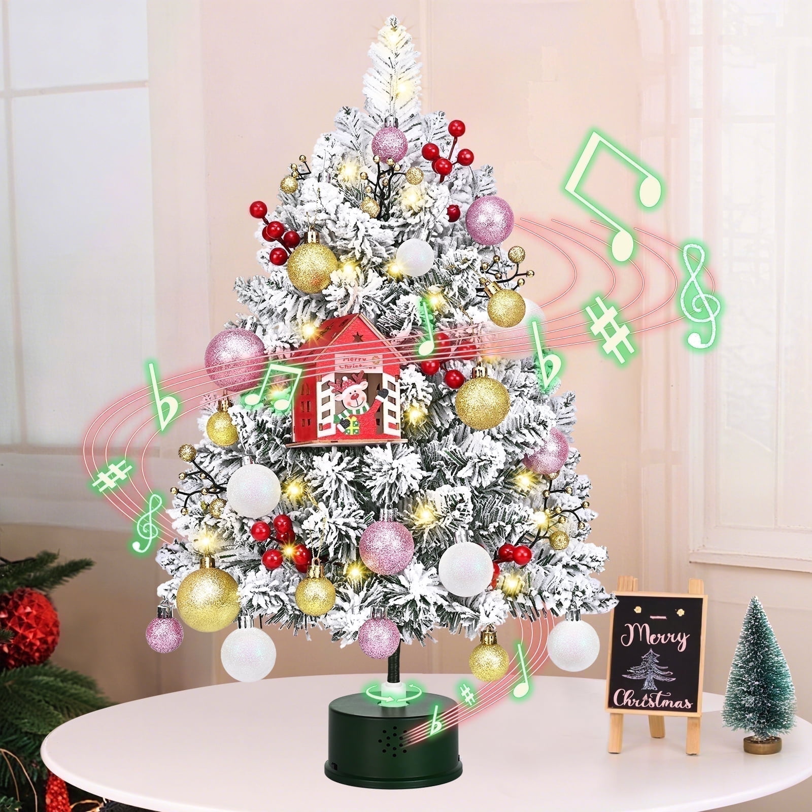 Yastouay 2FT Flocked Tabletop Christmas Tree with Lights,Artificial ...