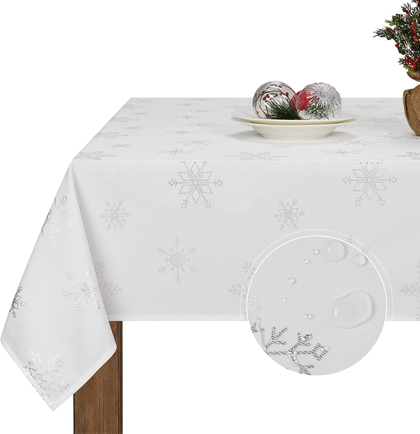 "Sevenstars White Rectangle Christmas Tablecloth, Silver Snowflake, 57 ...