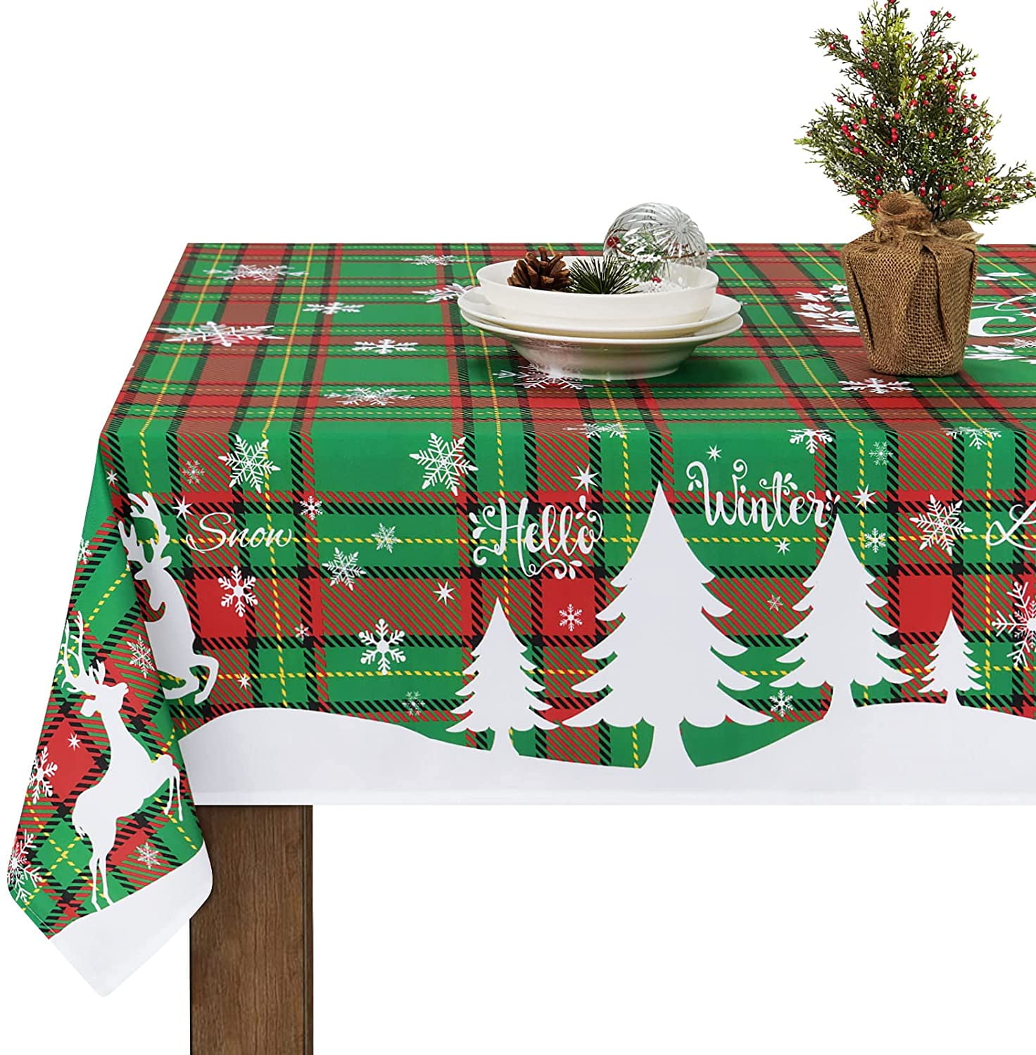 Sevenstars Holiday Green Plaid Tablecloth, Snowflake Reindeer Design ...