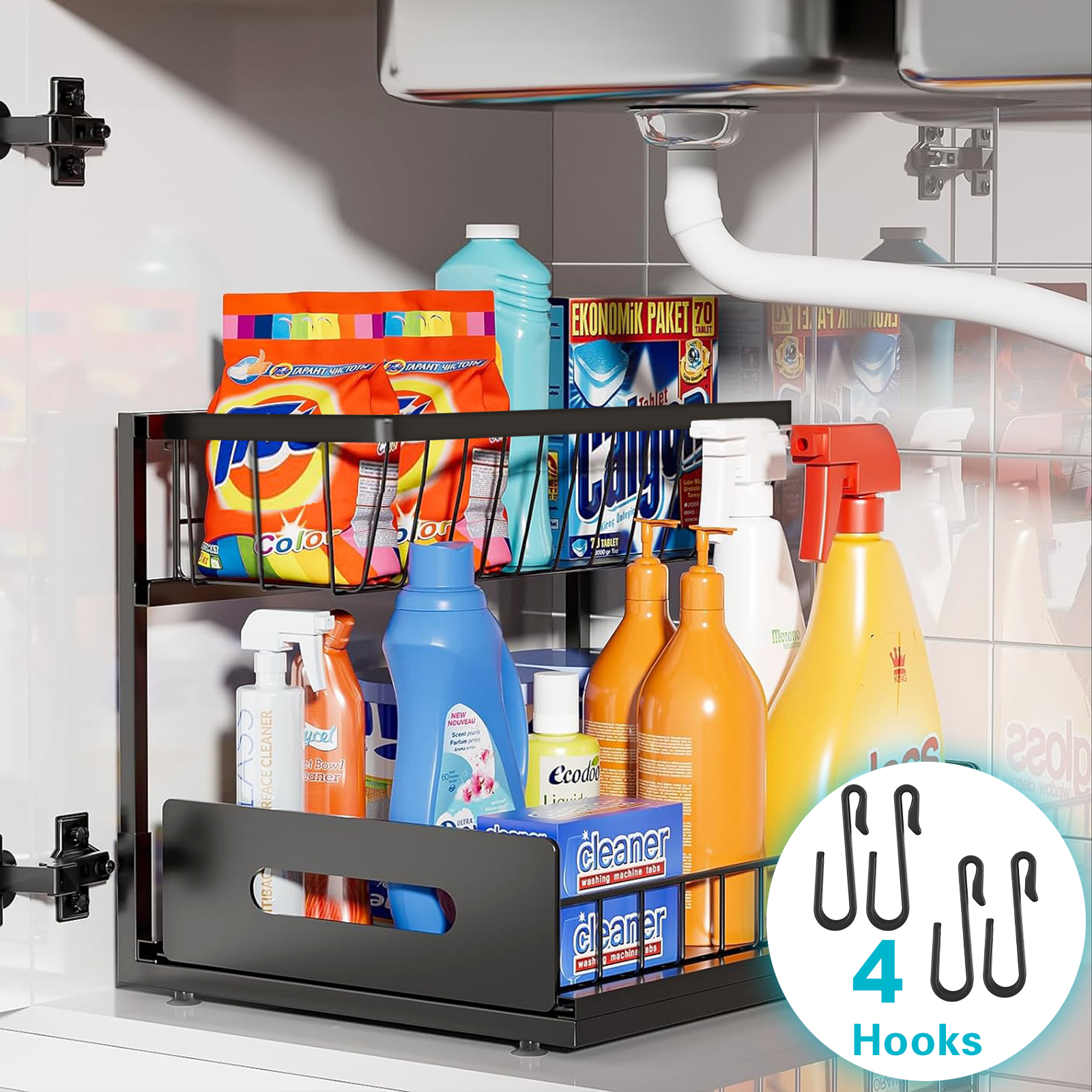 Oyajia 2 Tier Under Sink Containers with Sliding Storage Drawer ...