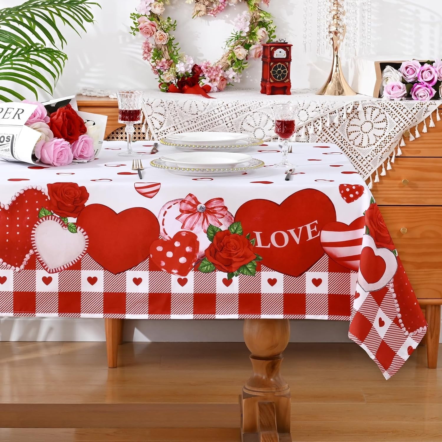 Sevenstars Red Love Heart Tablecloth Square Table Cover for Anniversary ...