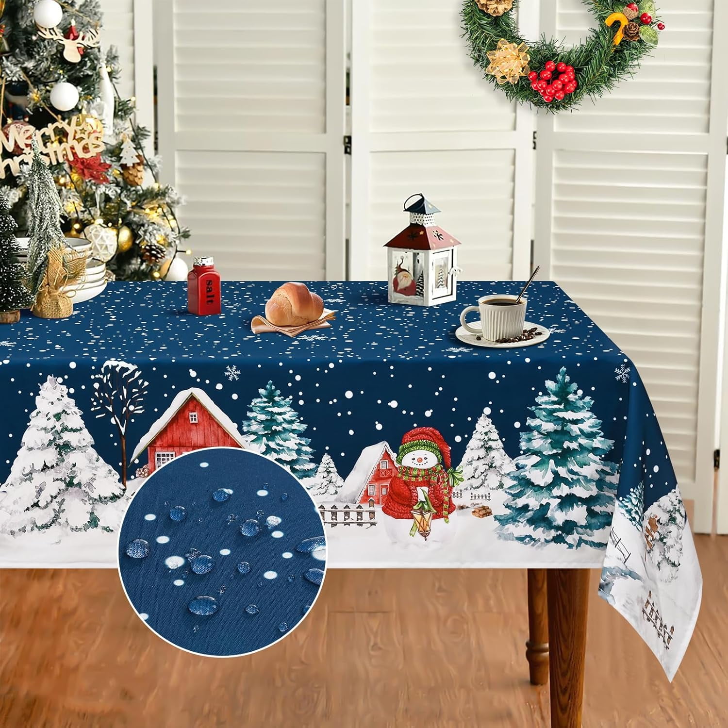 Sevenstarts Christmas Tablecloth Christmas Tree Snowman Tablecloth Blue ...