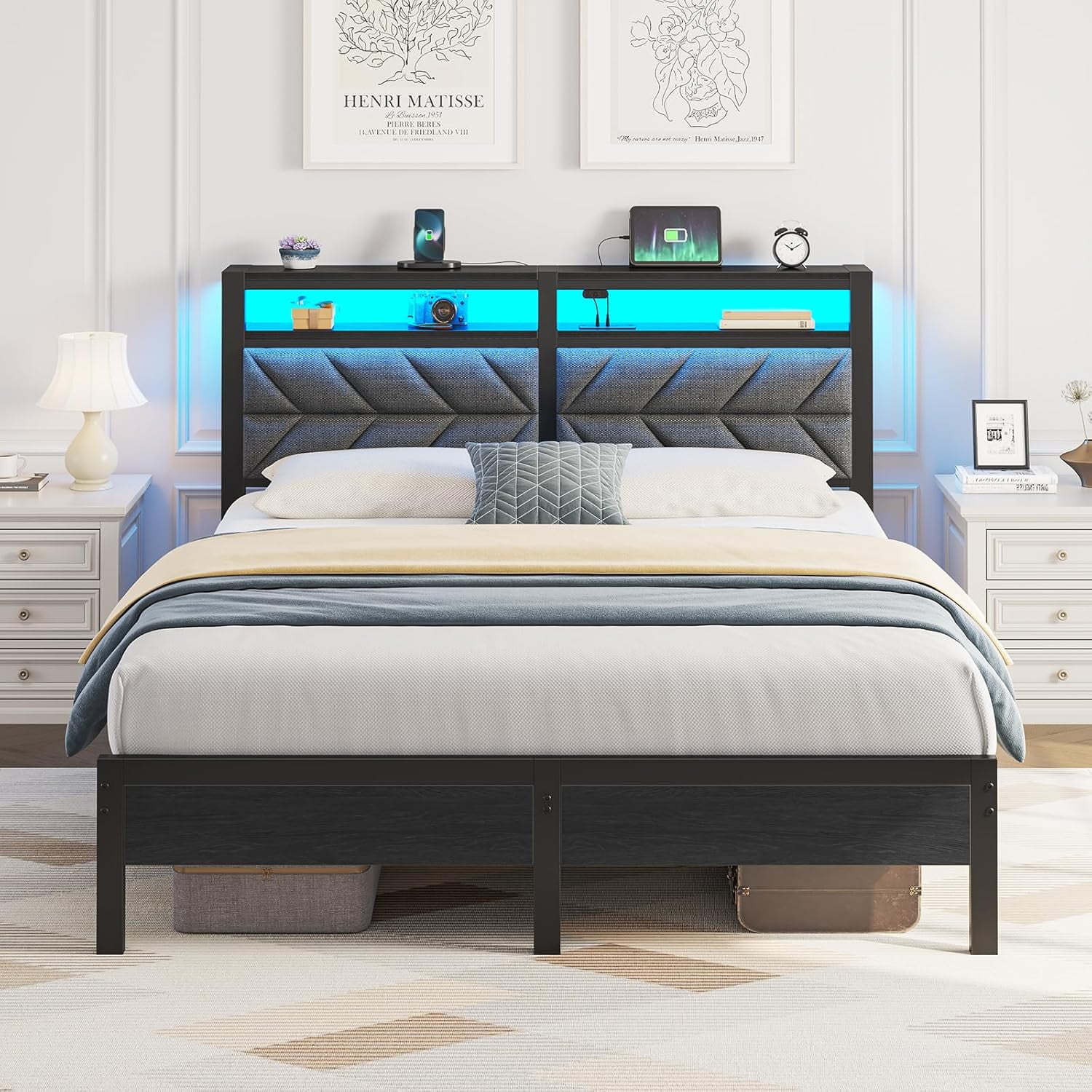 Seventable Bed Frame Full Size with Charging Station, LED Bed with ...