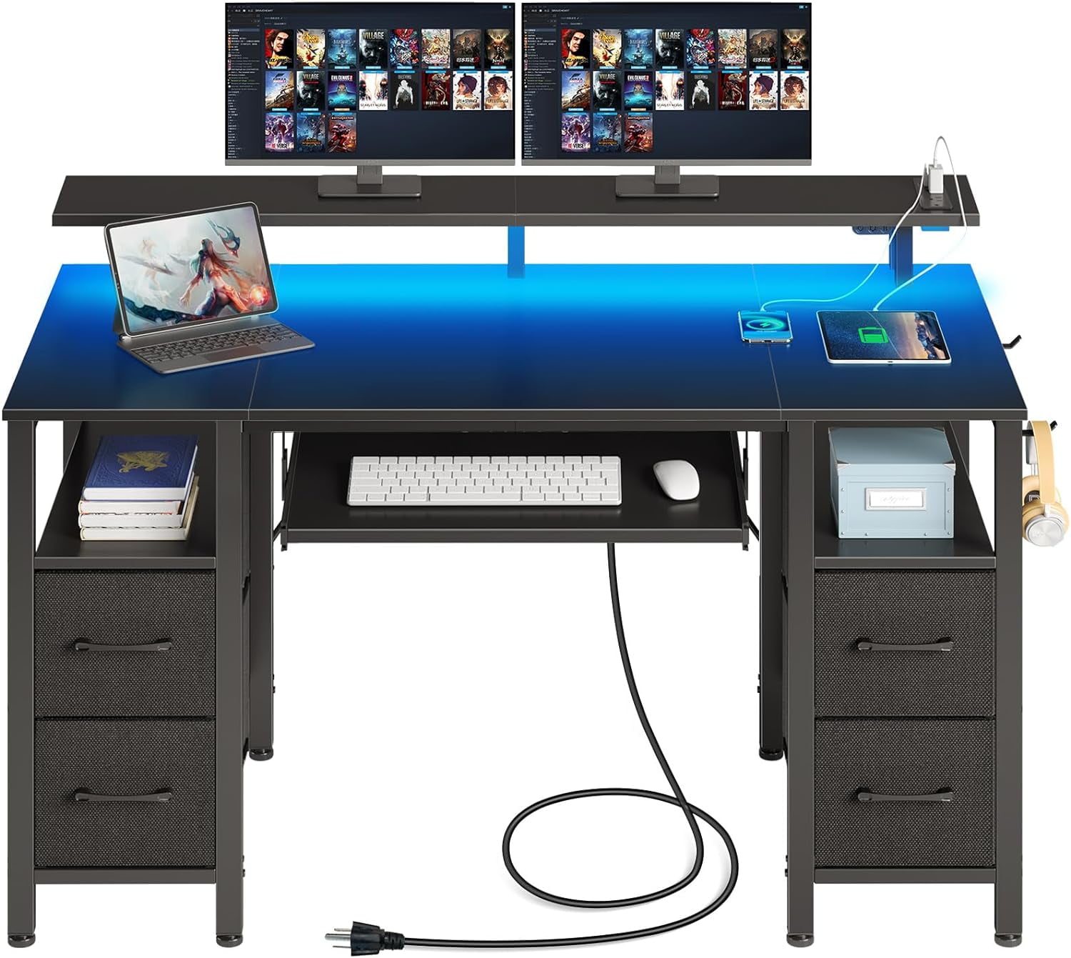 Seventable Computer Desk with LED Lights & Power Outlets, Home Office ...