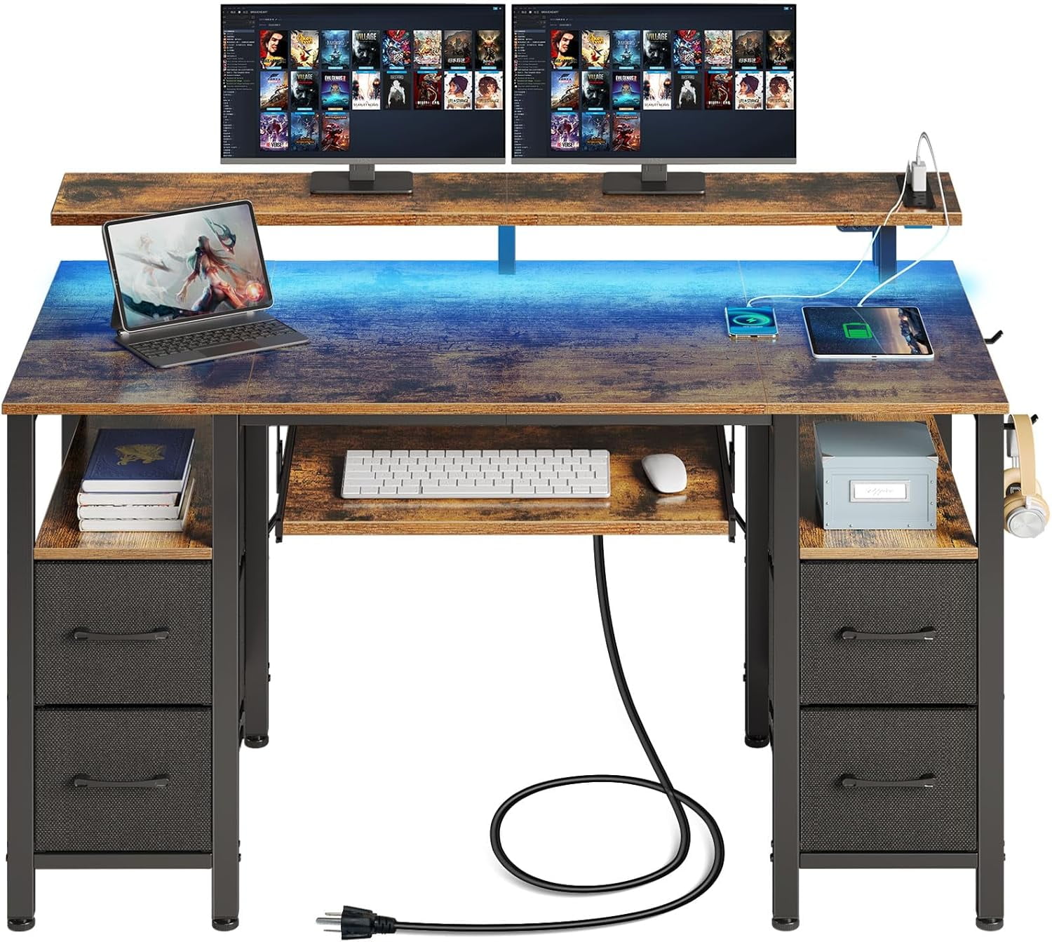 Seventable Computer Desk with LED Lights & Power Outlets, Home Office ...