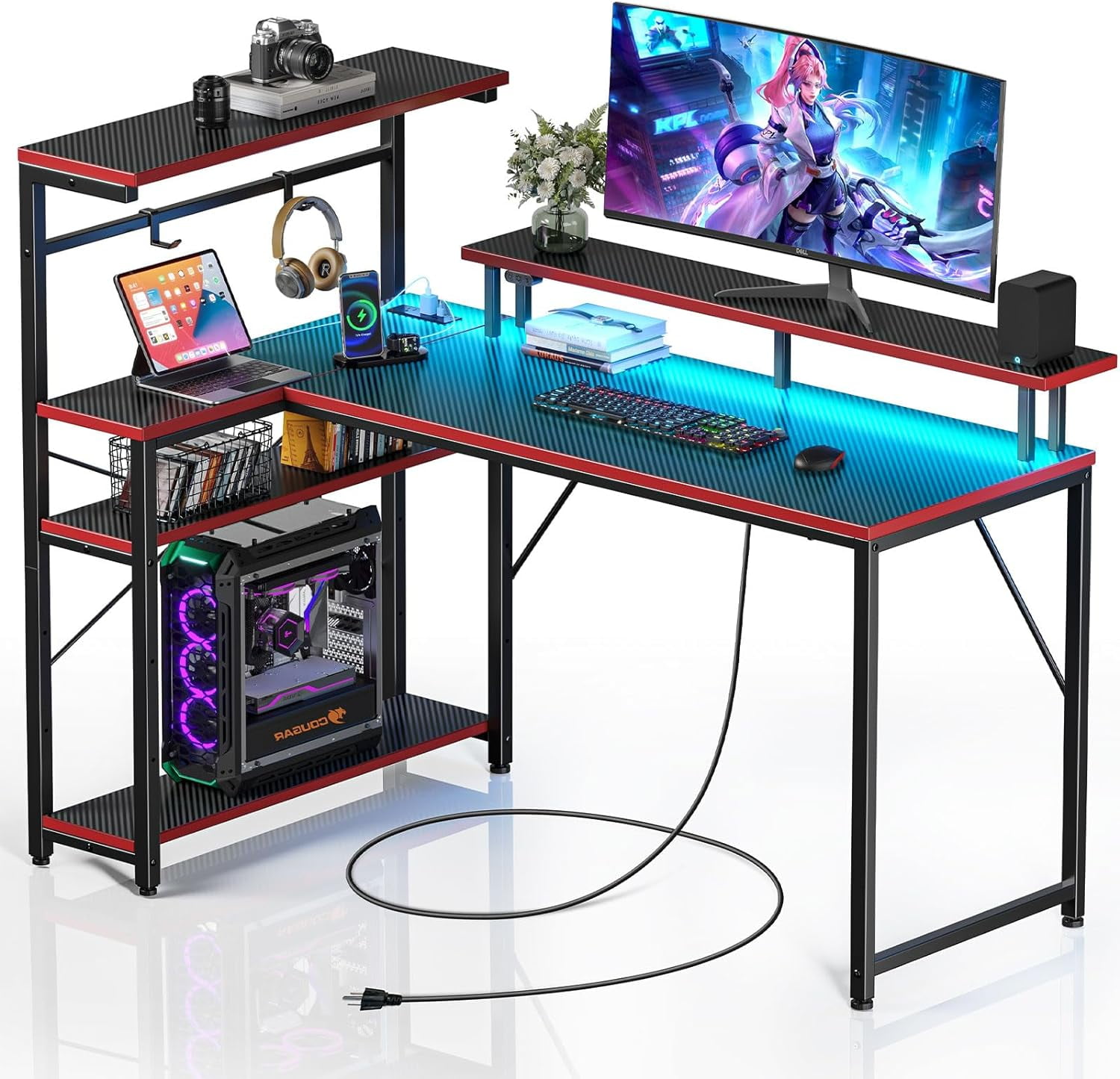 Seventable Gaming Desk with Power Outlet and LED Light, Reversible ...