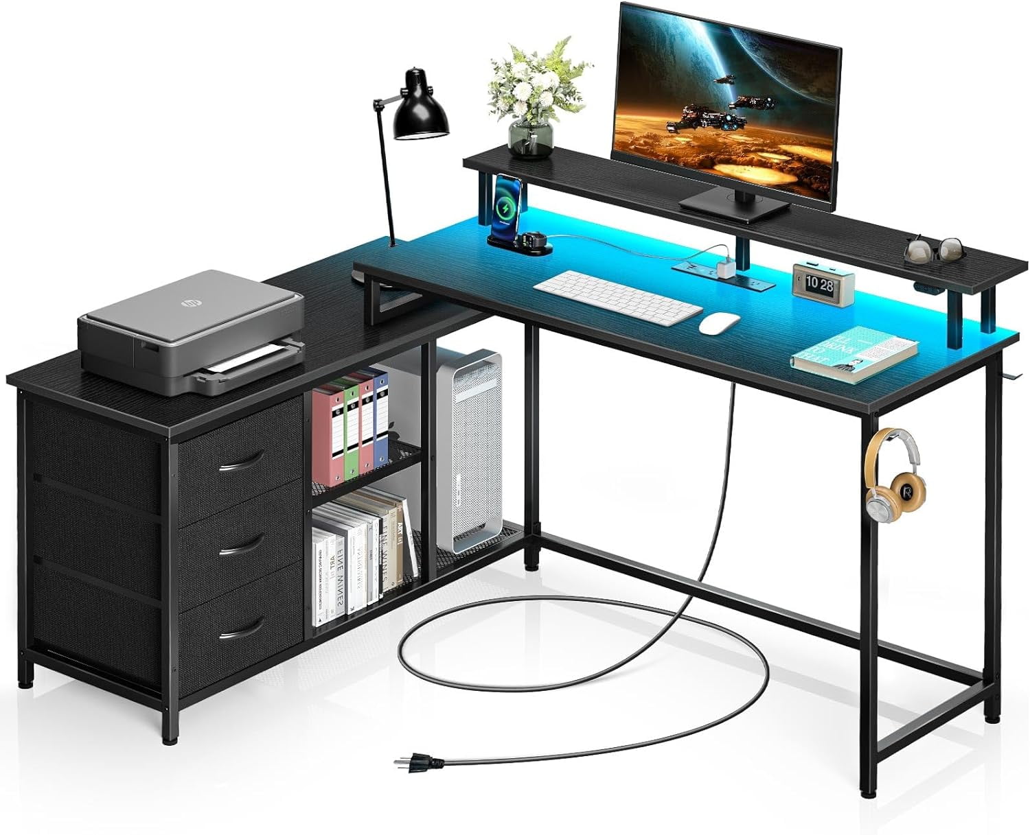 Seventable L Shaped Computer Desk with Drawers, Reversible Gaming Desk ...