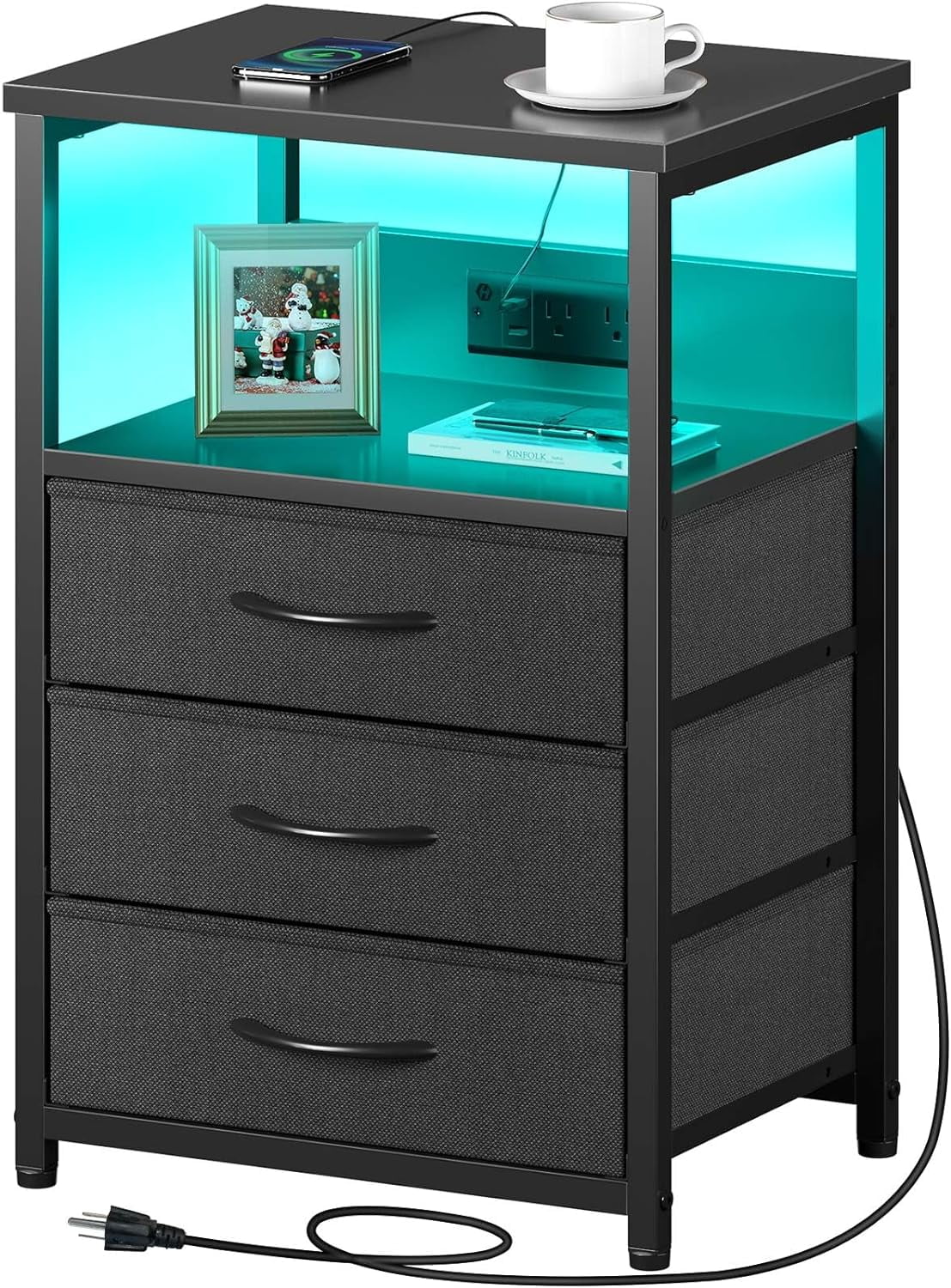 Seventable Nightstand with Charging Station and LED Light, Set of 2 ...