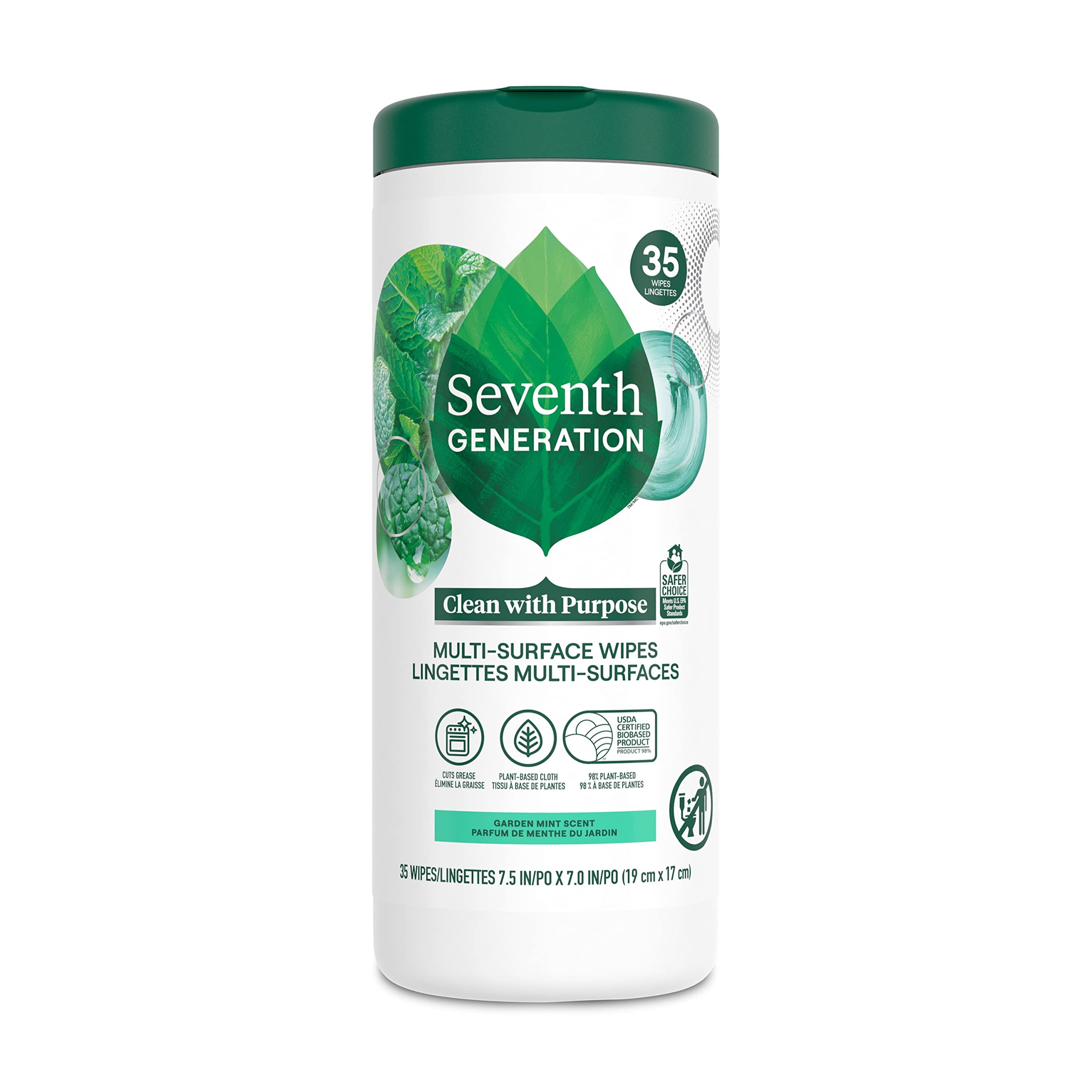 Seventh Generation Multi-Surface Cleaning Wipes, Garden Mint Scent ...