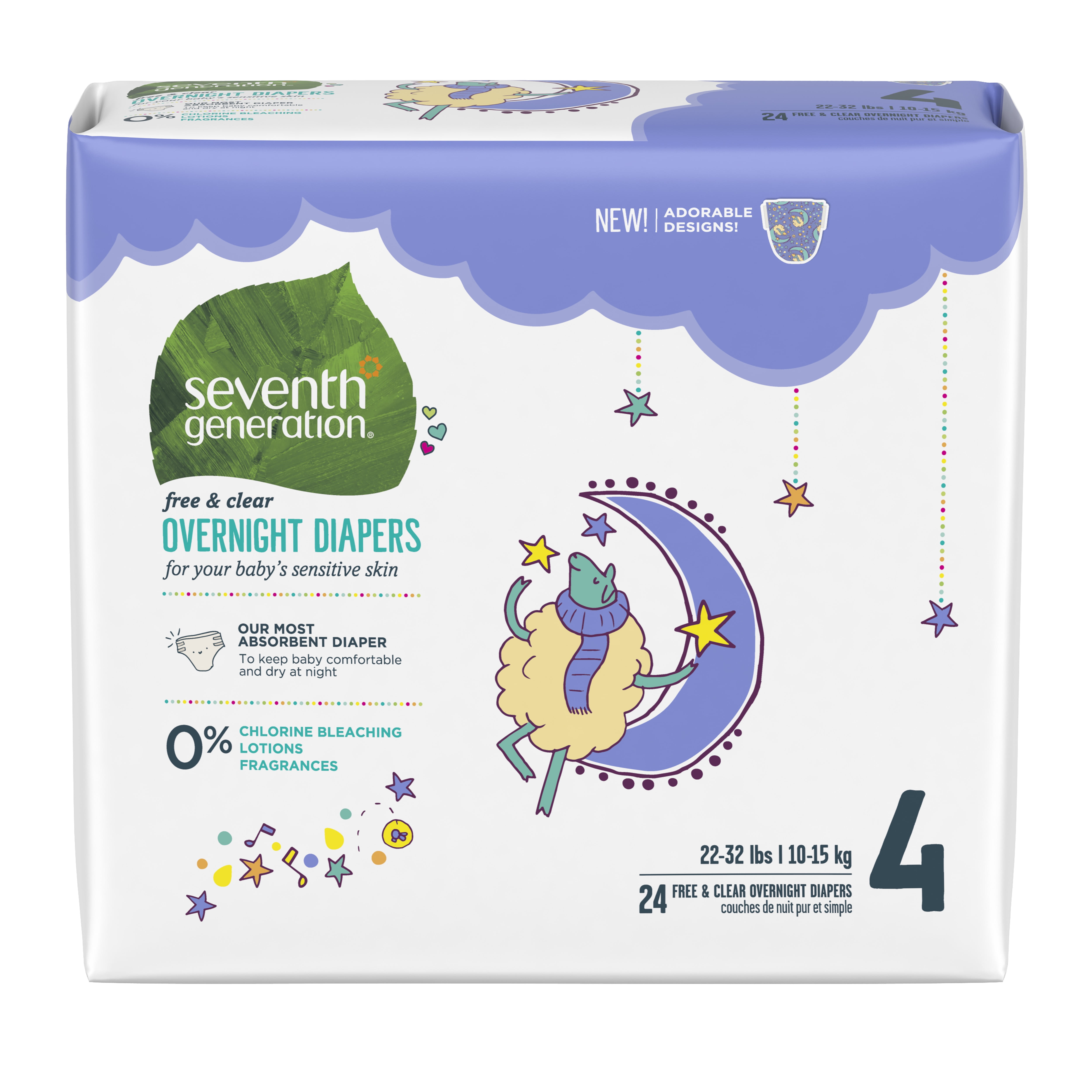 Seventh Generation Overnight Baby Diapers, Free & Clear, Size 4, 22-32 ...