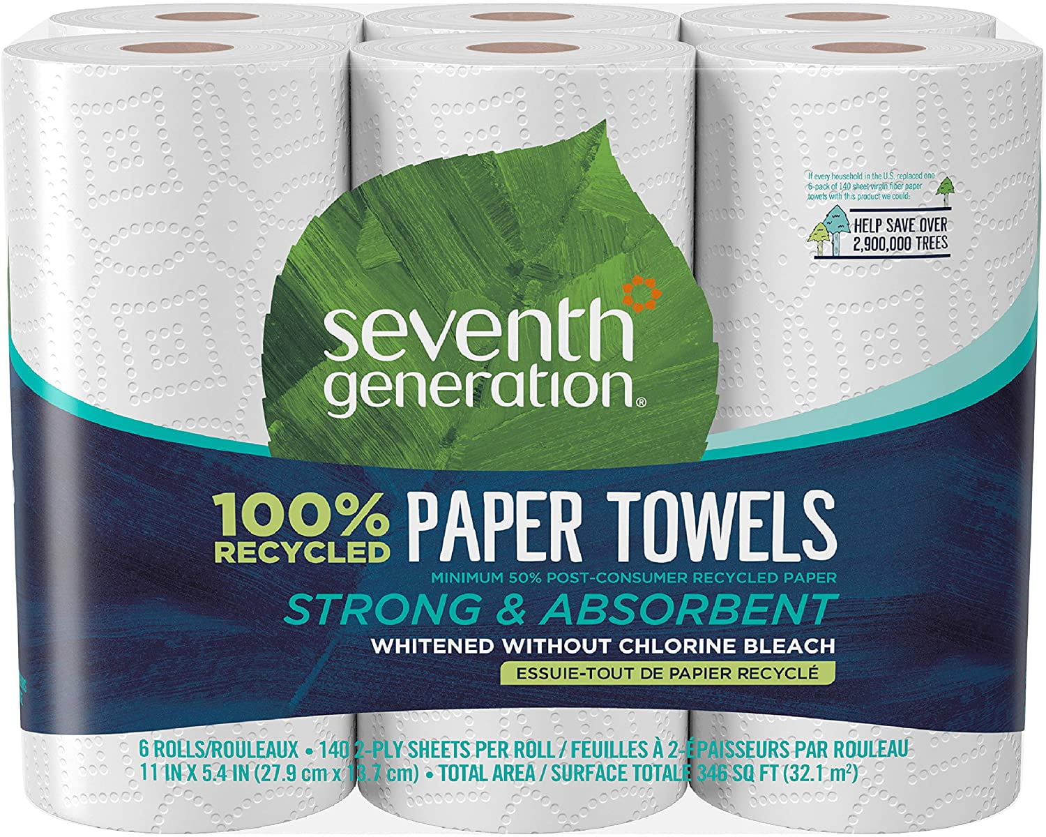 Seventh Generation Paper Towels, 100% Recycled Paper, 2-ply, 6 Rolls ...