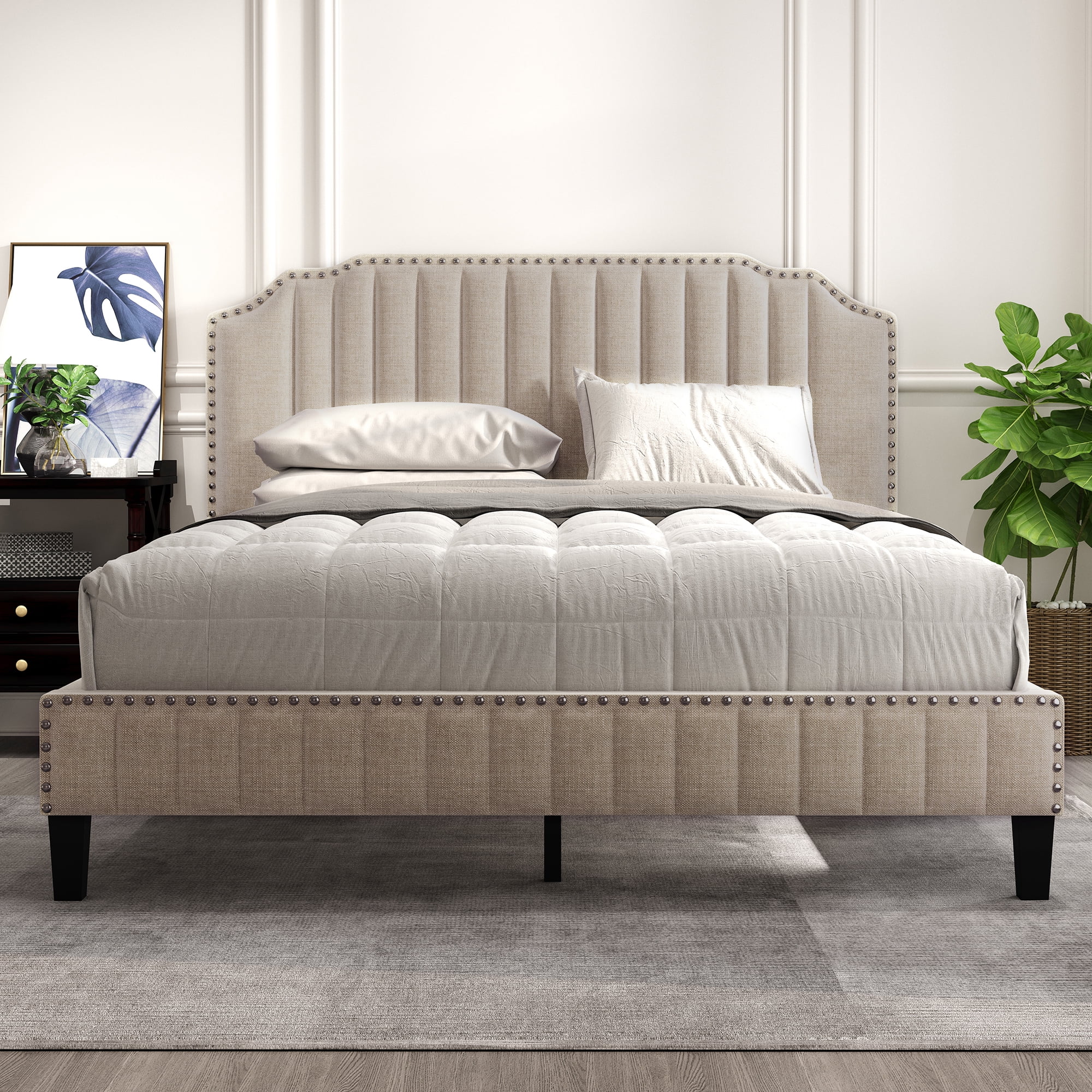 Seventh Queen Platform Bed Frame, Upholstered with Solid Wood and ...