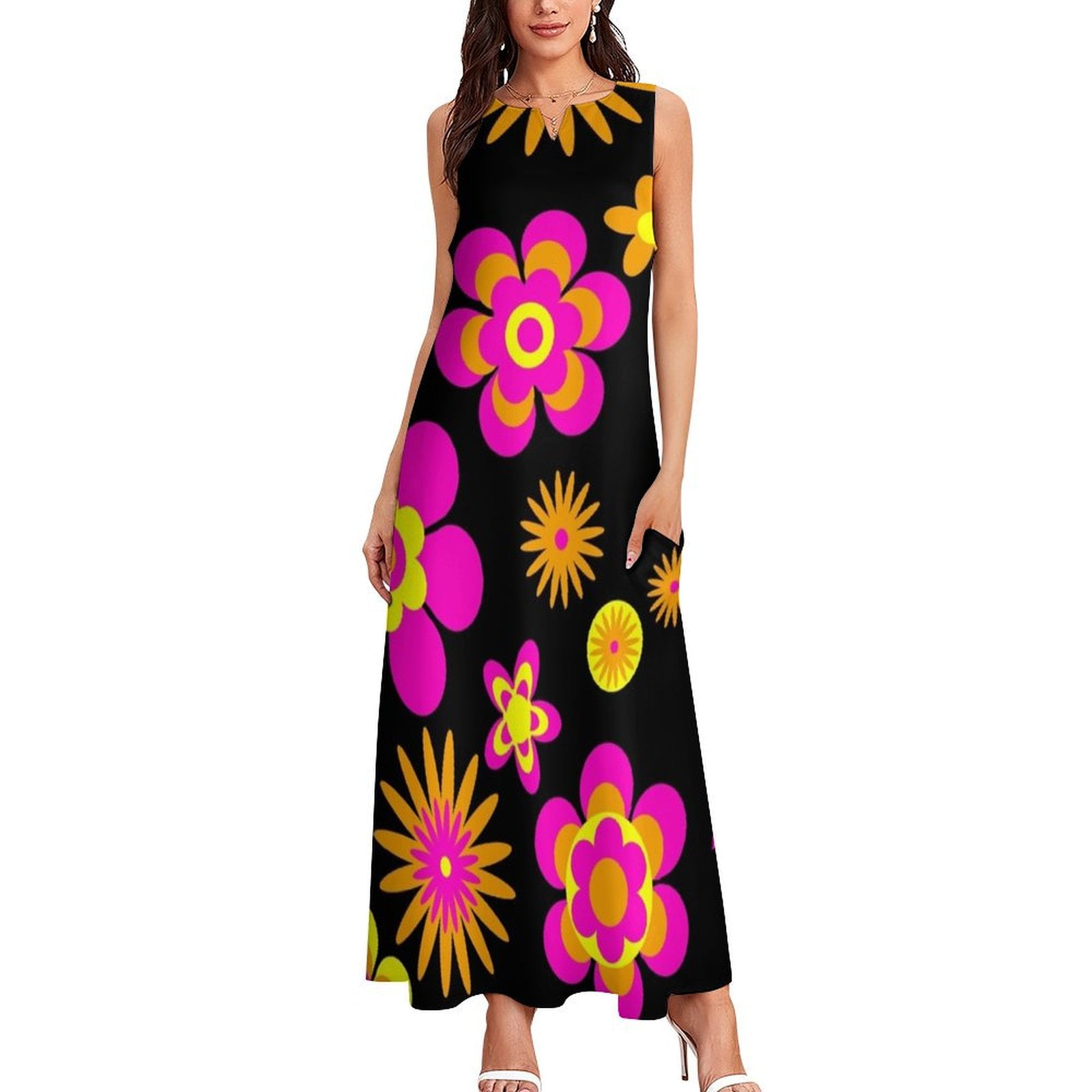 Seventies Look Floral Pattern 3 Black Background Long Dress cocktail ...