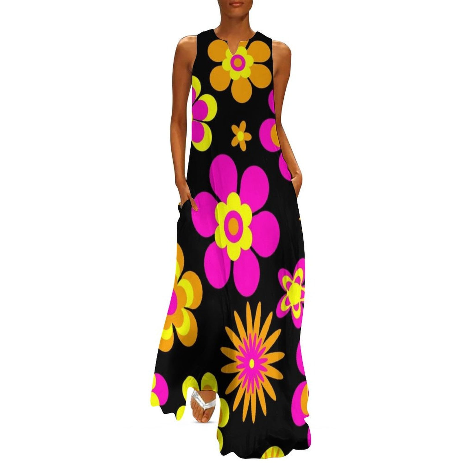 Seventies Look Floral Pattern 3 Black Background Long Dress summer ...