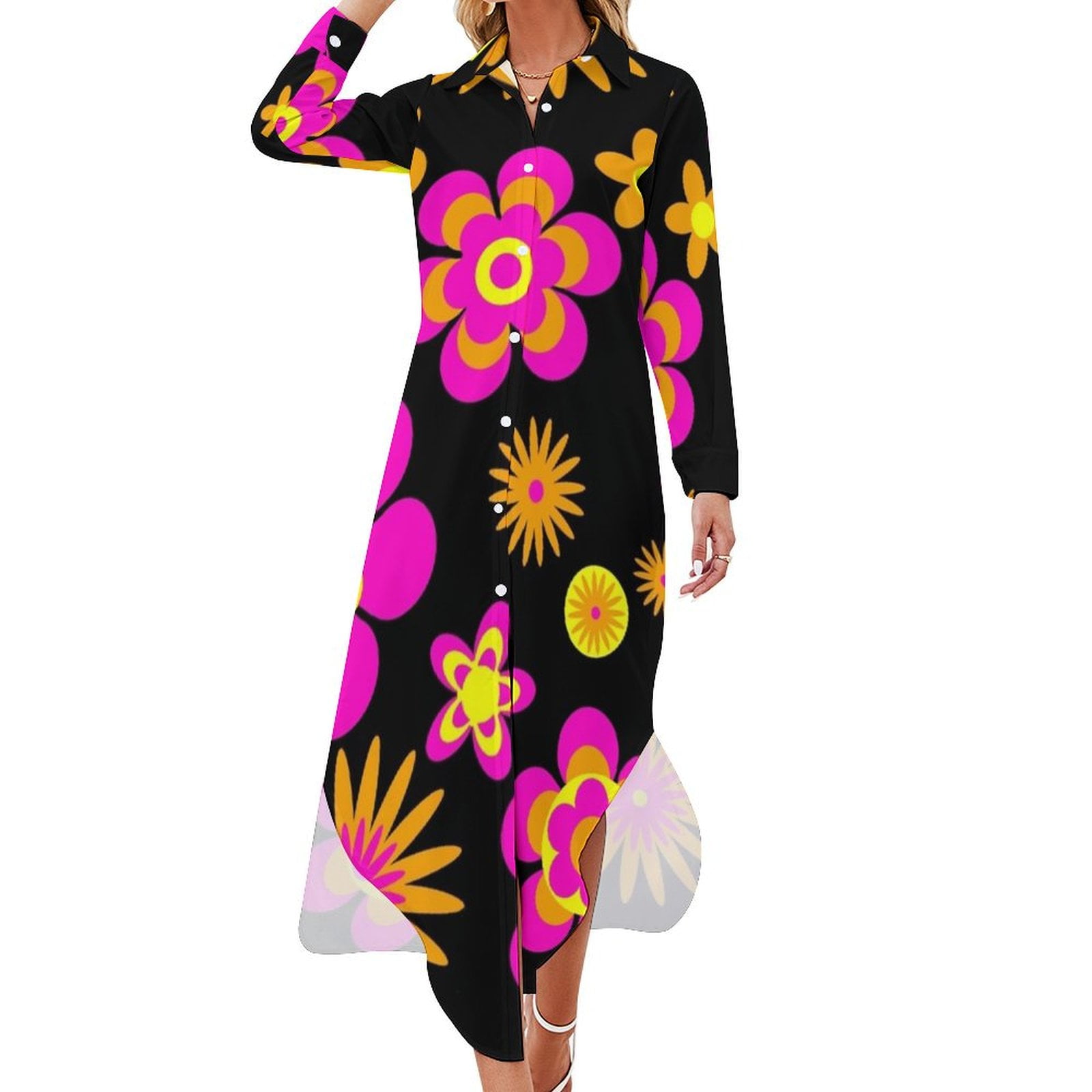 Seventies Look Floral Pattern 3 Black Background Long Sleeved Shirt ...