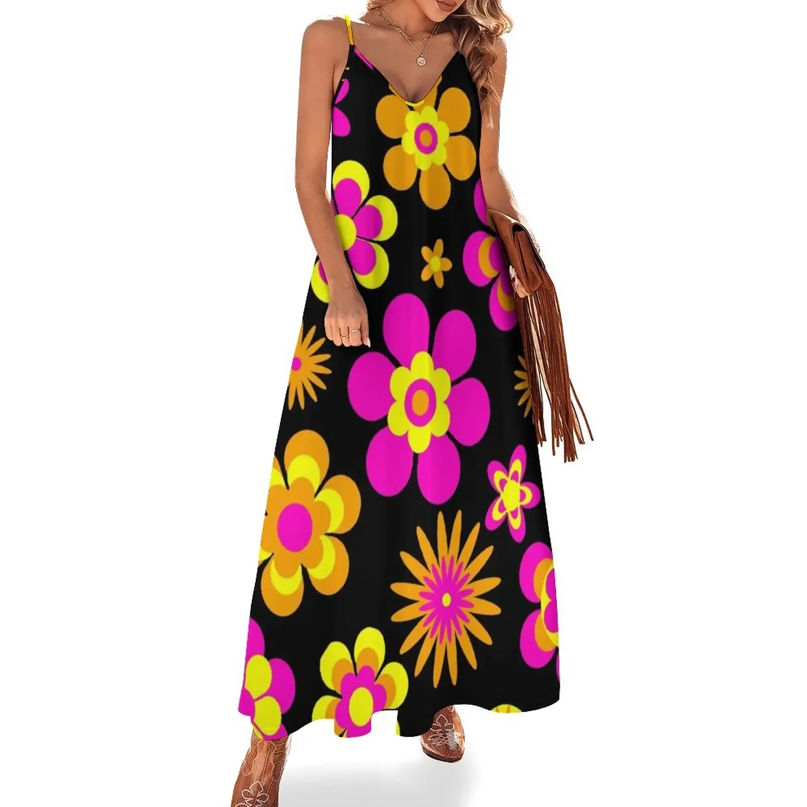 Seventies Look Floral Pattern 3 Black Background Sleeveless Dress ...