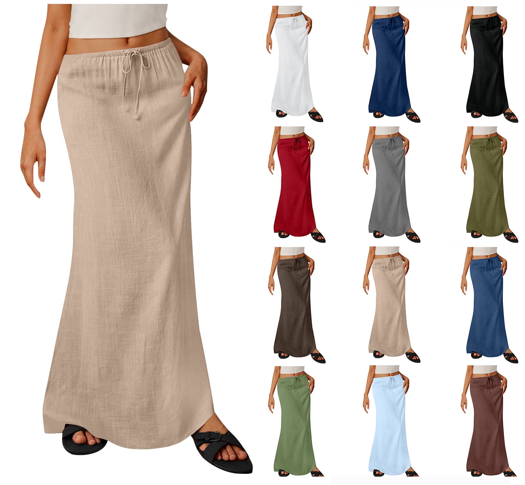 Sevevn Ladies Fashion Women Solid Color Elastic Waist Drawstring Long ...