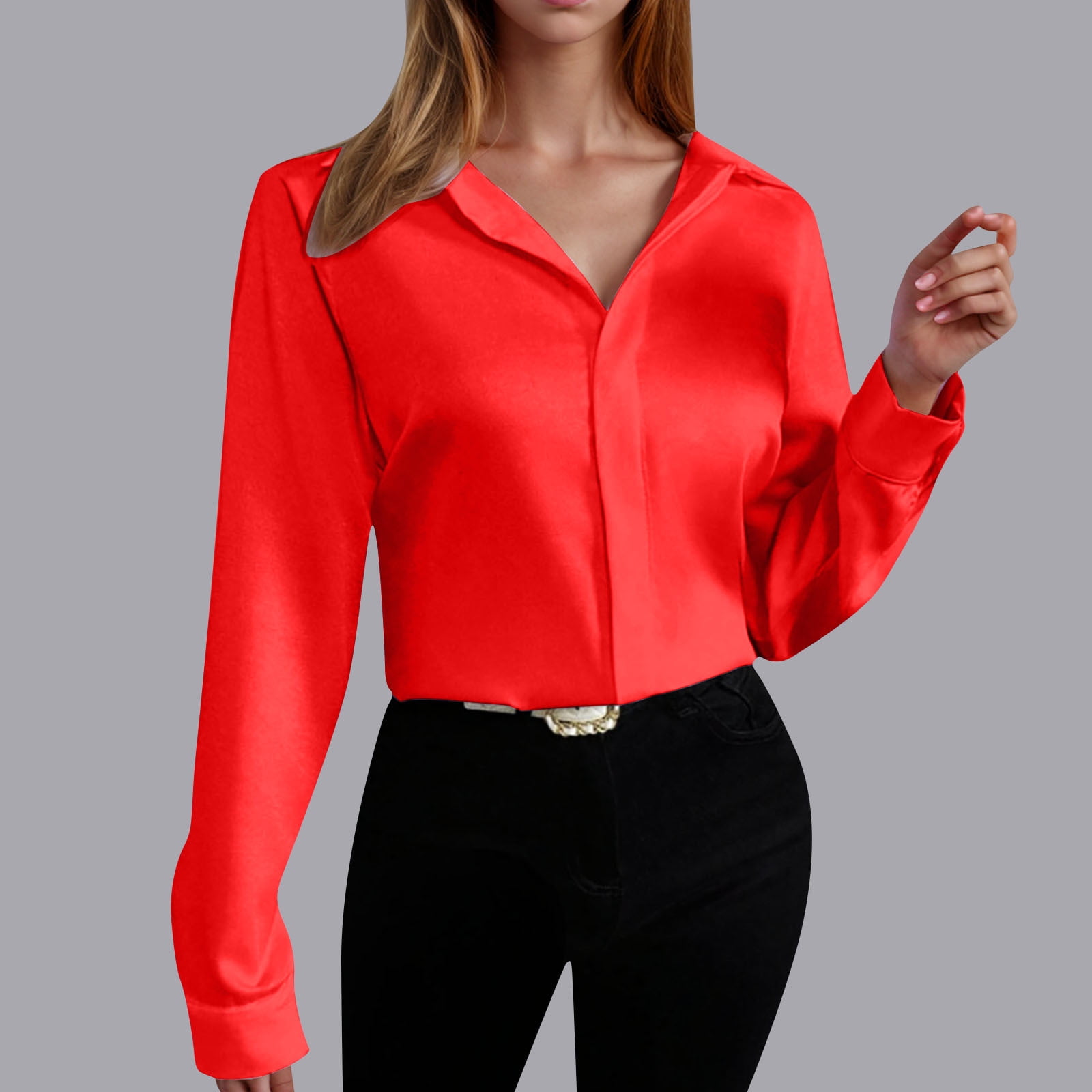 Sevevn Long Sleeve Tops for Women Women's Solid Color Flip Collar Fall And Winter Long Sleeve ...