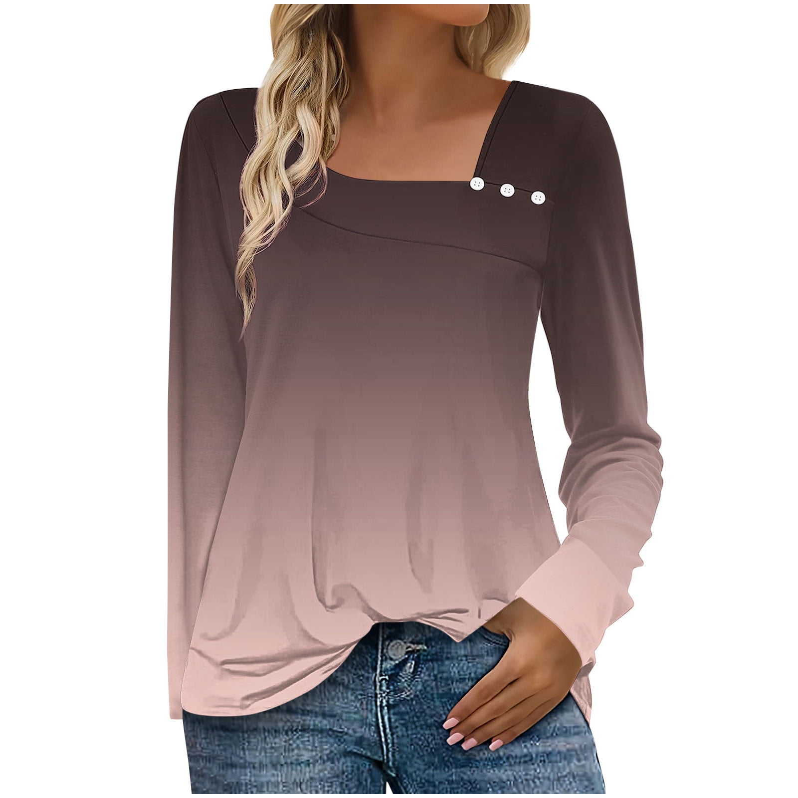 Sevevn Shirts for Women Long Sleeve Fall Tops Decorative Buttons ...
