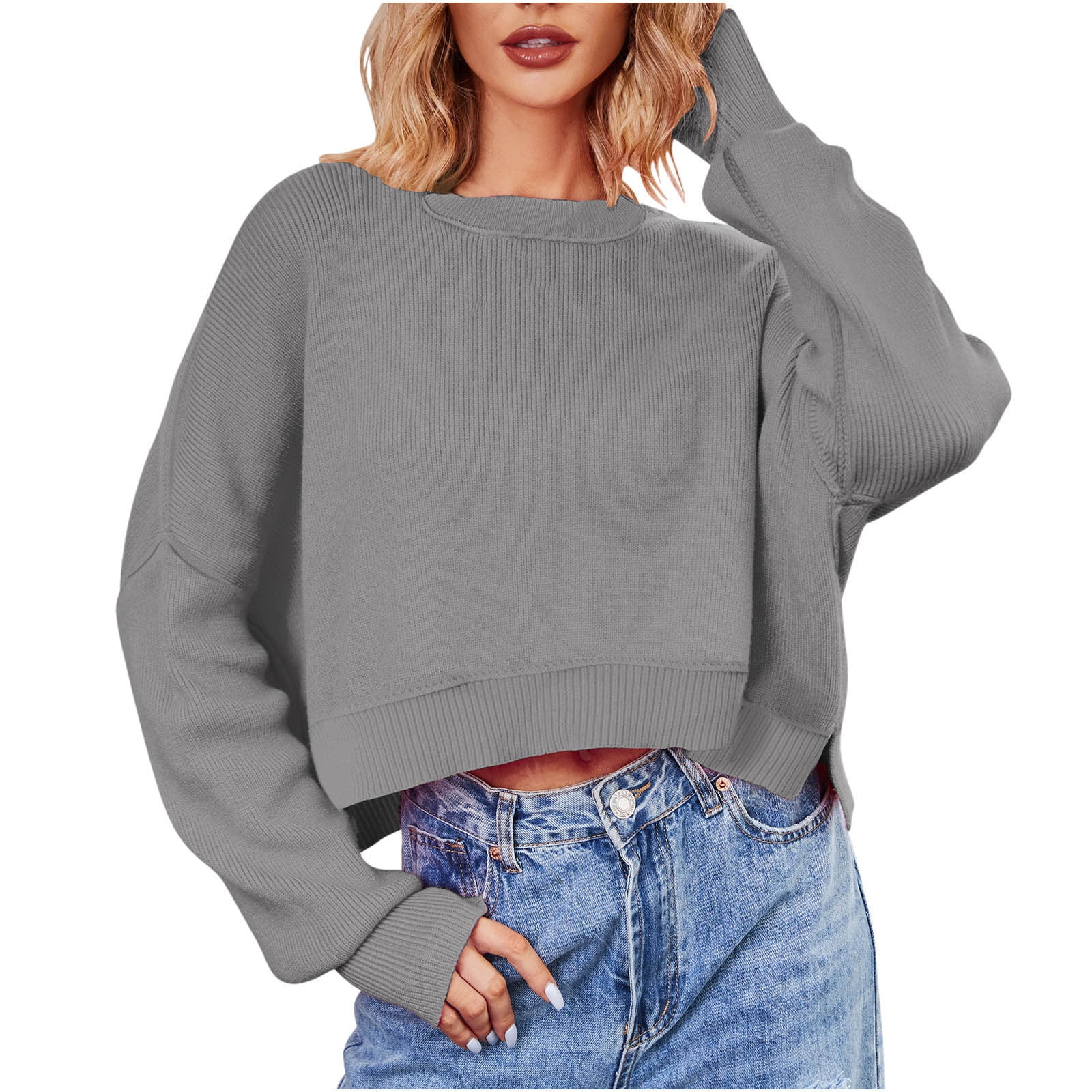 Sevevn Women's 2025 Crewneck Cropped Sweater Fall Batwing Sleeve ...