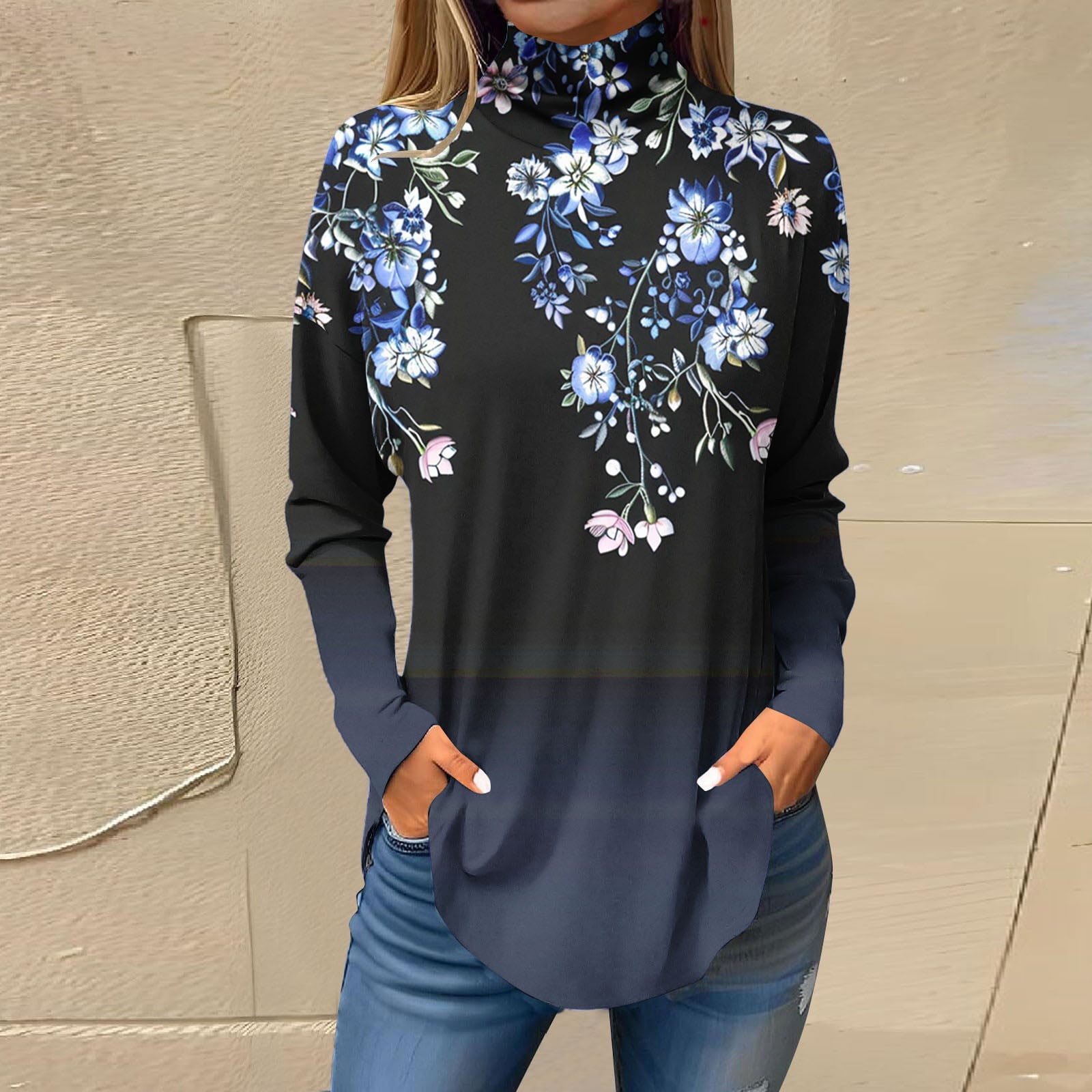 Sevevn Women's Fashion Printed Long Sleeve Printed Turtleneck Top T ...