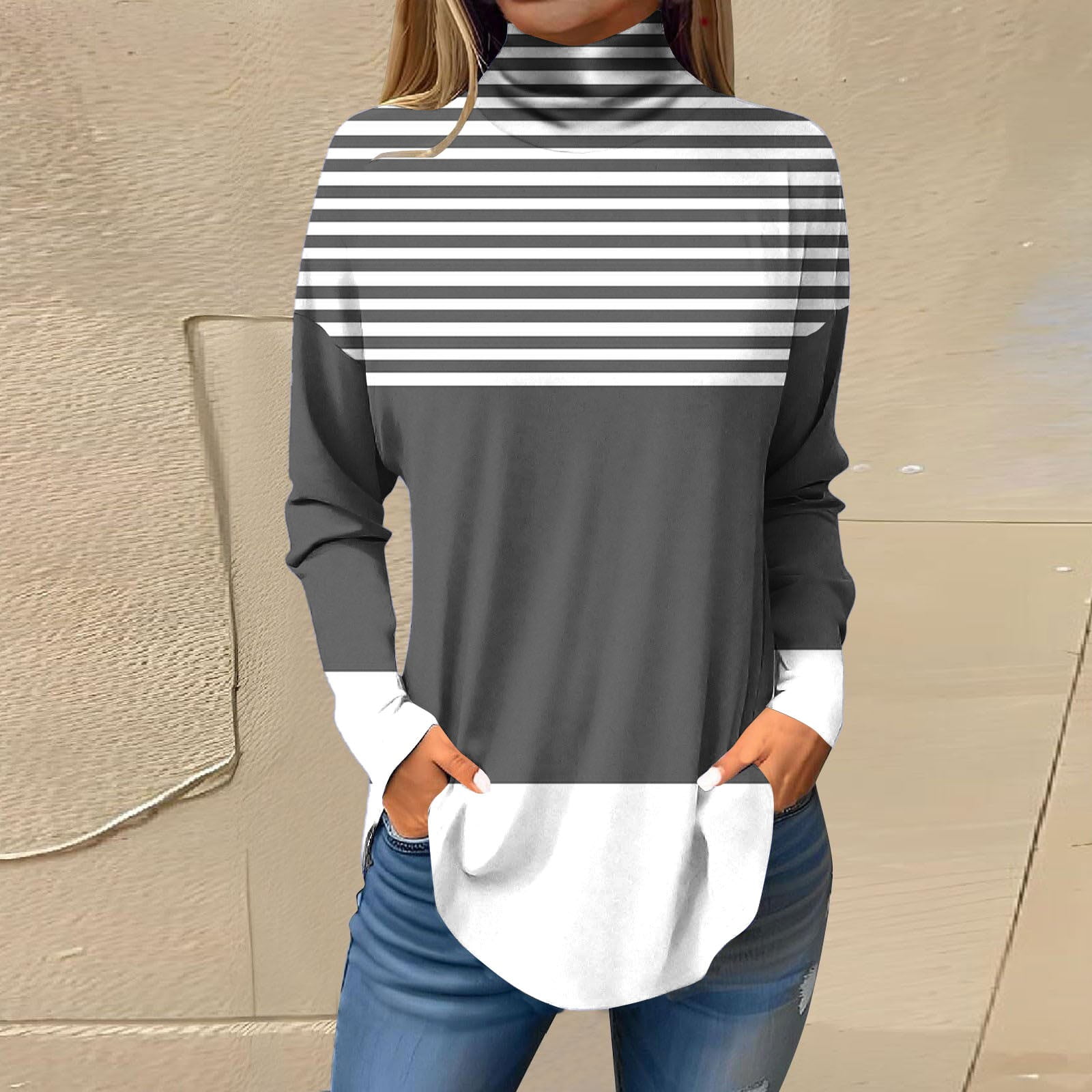 Sevevn Women's Fashion Printed Long Sleeve Printed Turtleneck Top T ...