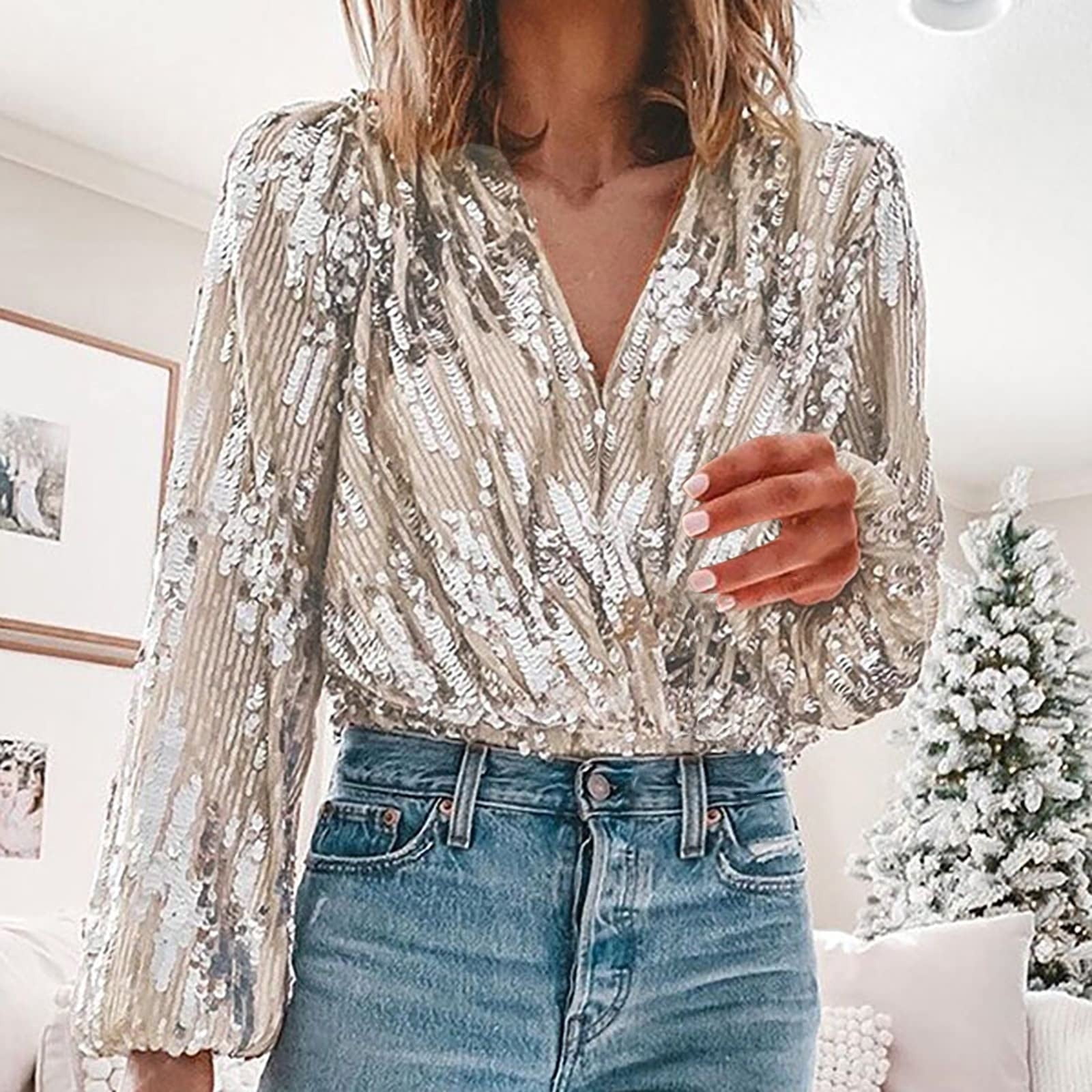 Sevevn Women's Sequined Blouses Long Sleeved V-Neck Overlapping ...