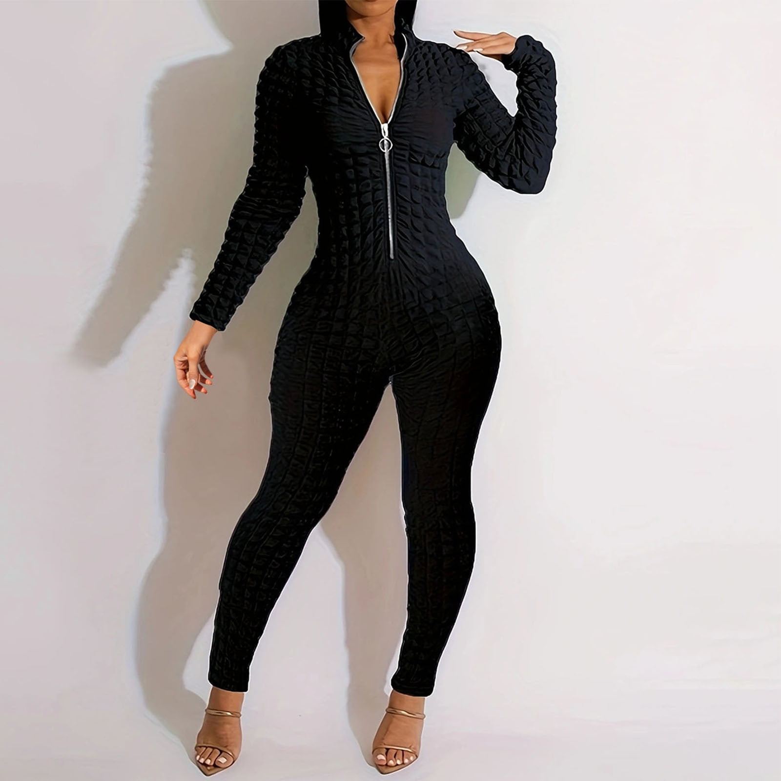 Sevevn Women's Solid Color Casual Fashion Popcorn Cloth Zipper Long ...