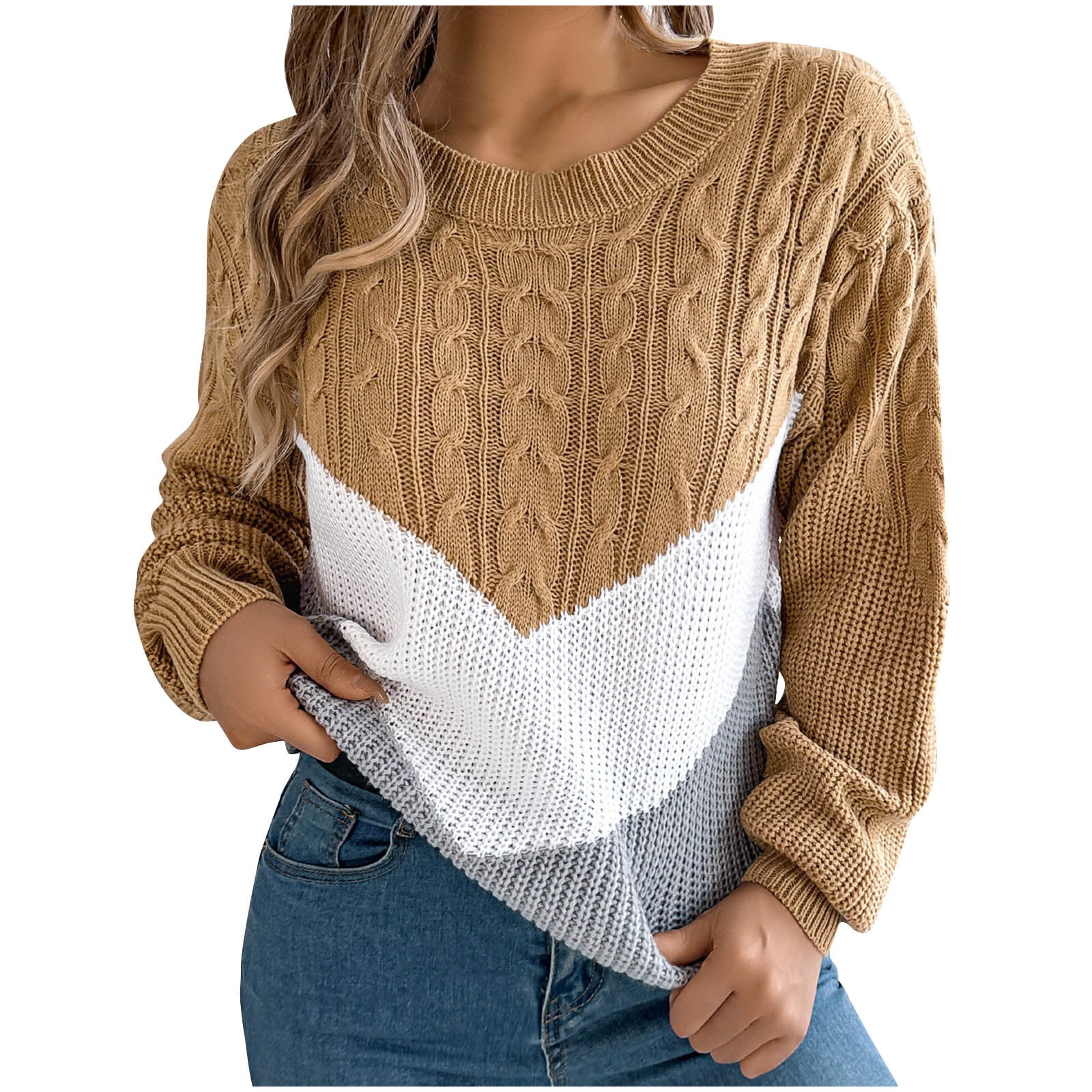 Sevevn Womens Fashion 2025 Color Block Long Sleeve Crewneck Knitted ...
