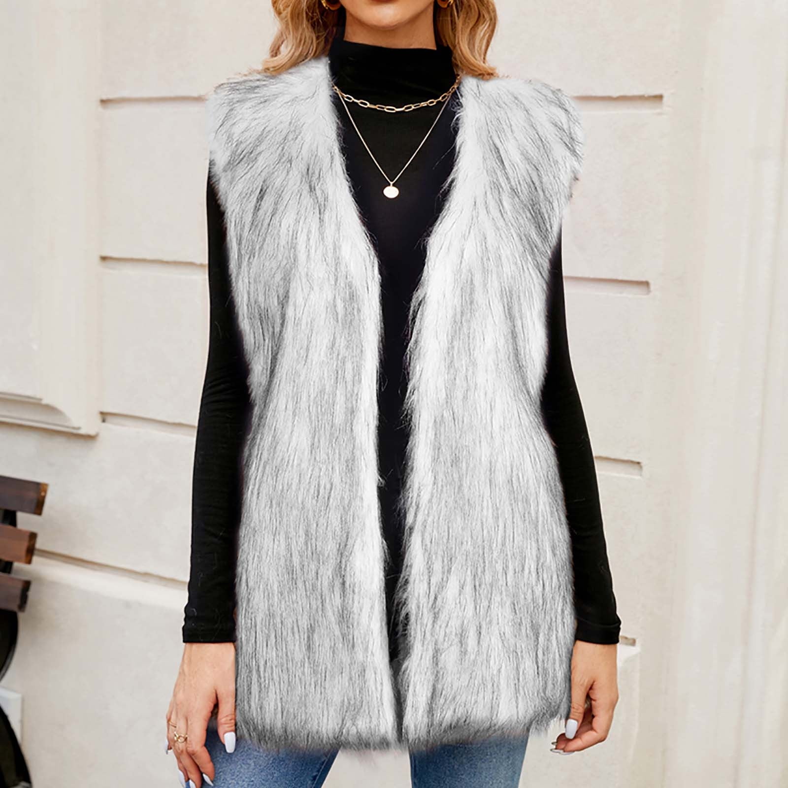 Sevevn Womens Faux Fur Vest Winter Warm Short Coat Fluffy Shaggy ...