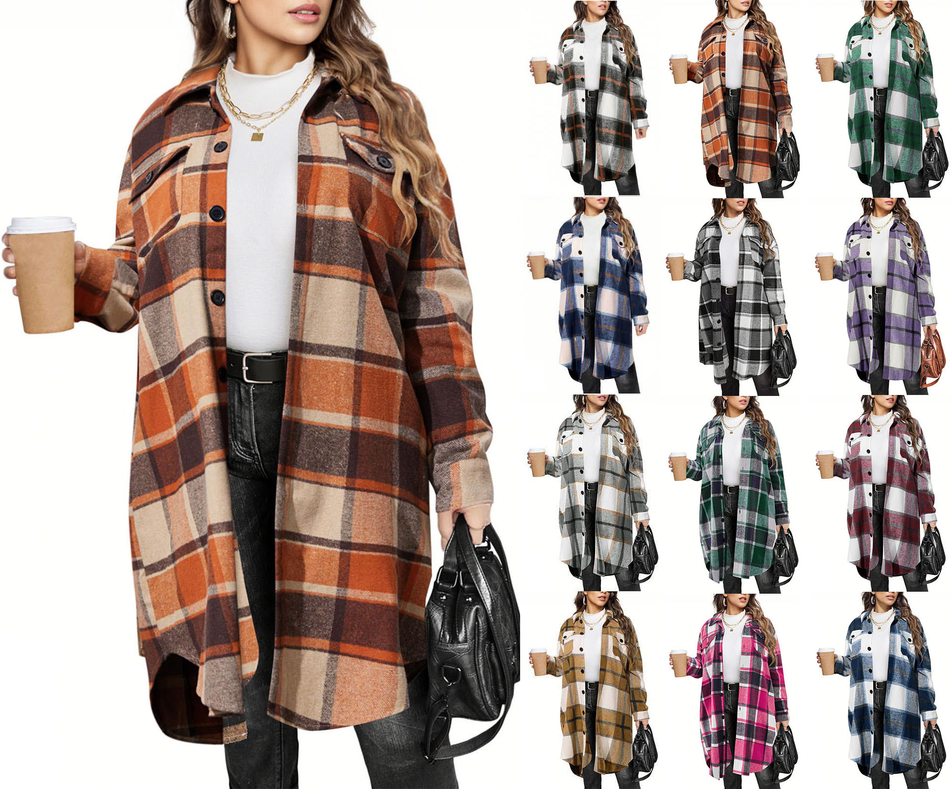 Sevevn Womens Plaid Shacket Jacket Long Flannel Shirt Casual Lapel ...